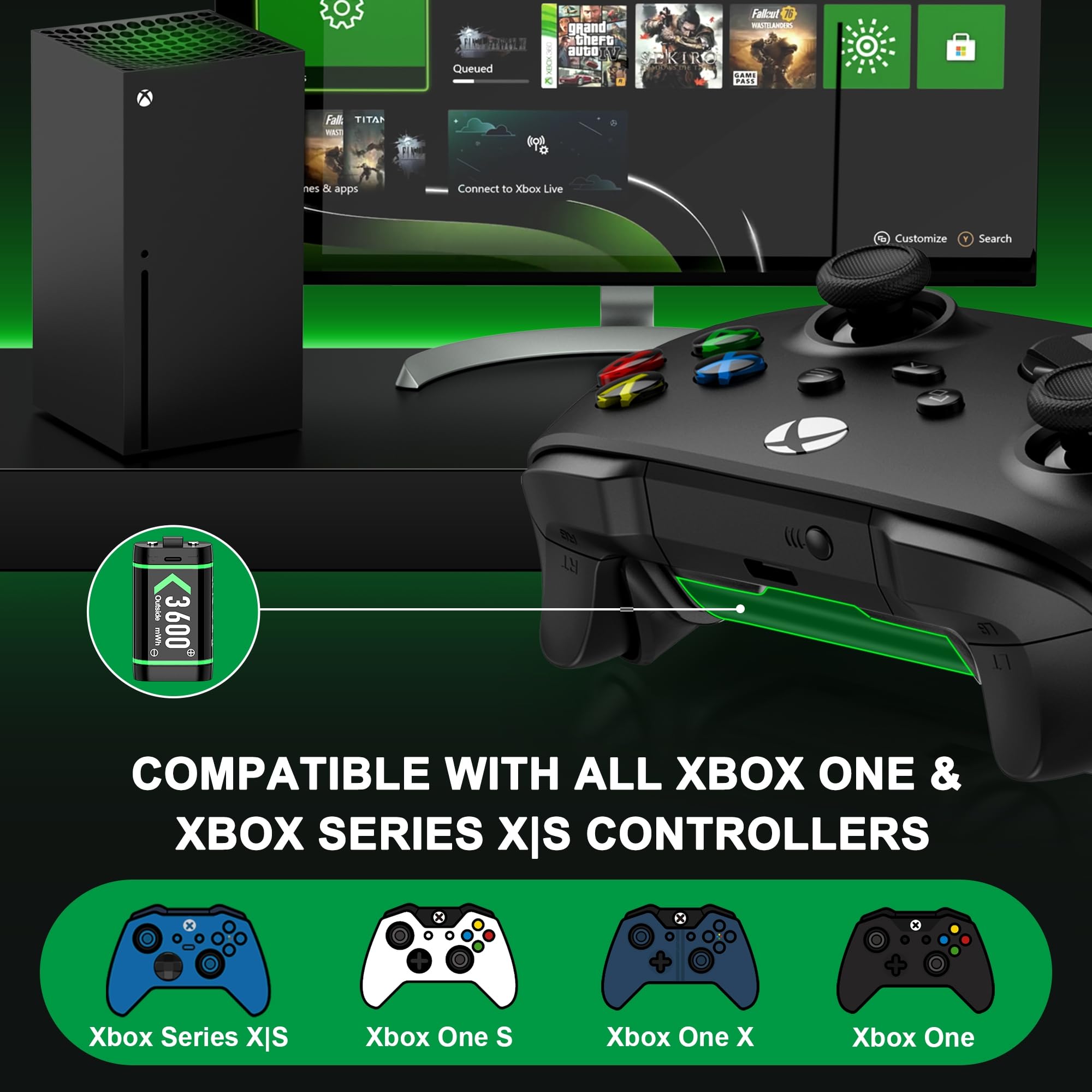 Xbox One Controller Battery Pack with 4x3600mWh Rechargeable Xbox Series X Controller Batteries, Battery Charger Station for Xbox Series S/Xbox One X/S/Elite-Xbox One Series Accessories (1500mAh)