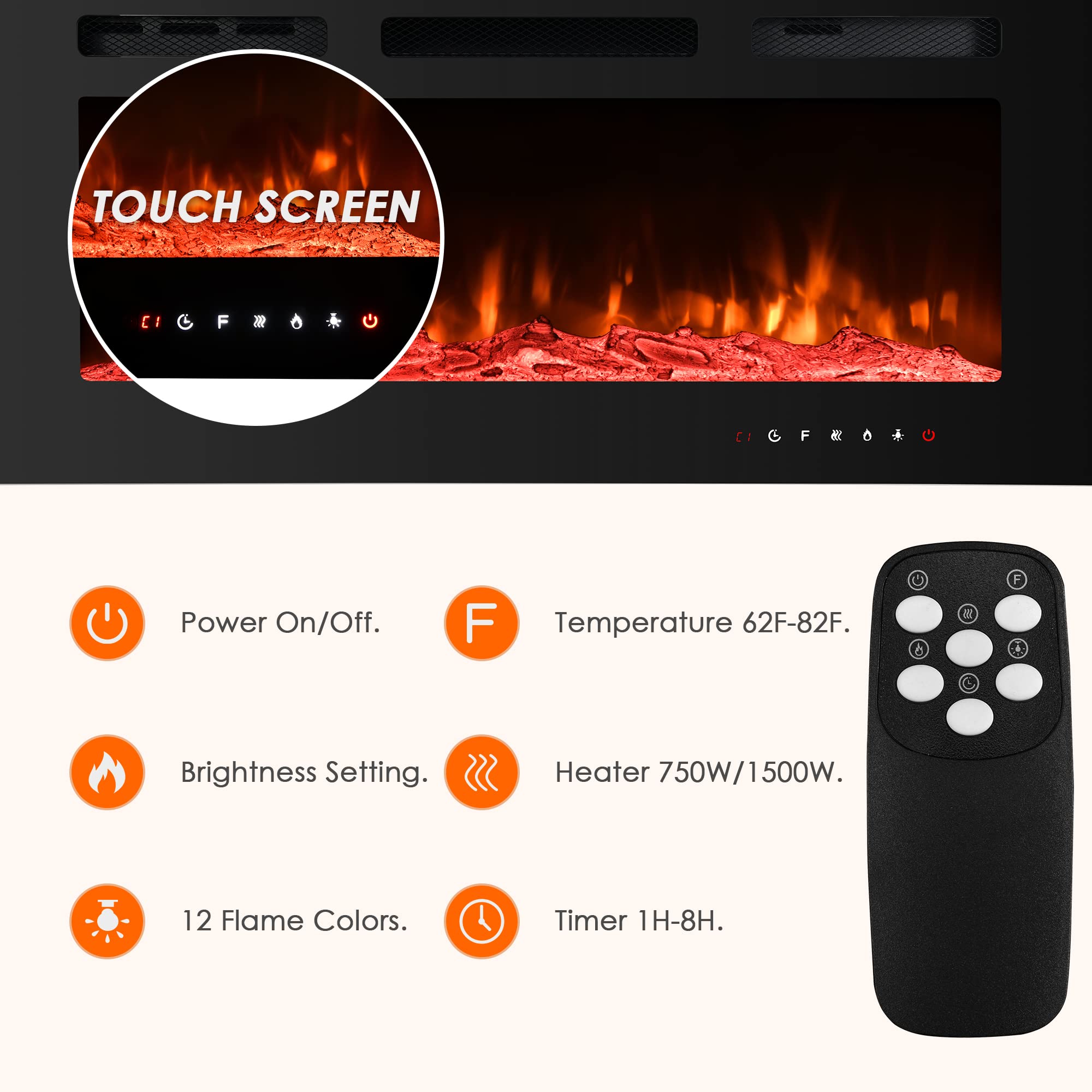 PAOLFOX 36 inch Electric Fireplace Insert,Wall Mounted,Wall Fireplace Electric with Remote Control,Linear Fireplace,Led Fireplace Recessed,12 Flame Colors