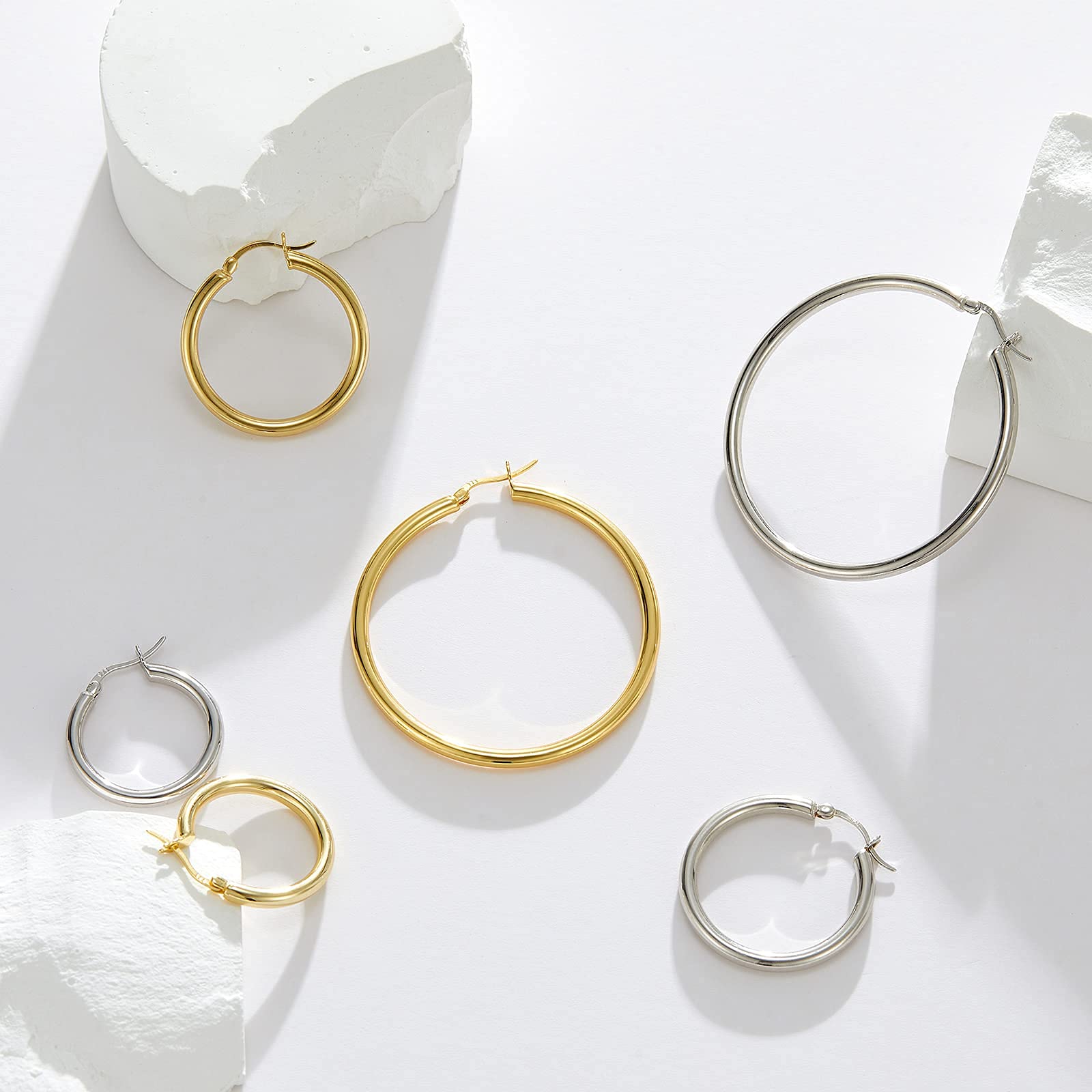 SWEETV Sterling Silver Earrings Chunky Hoop Earrings for Women 25MM Polished Huggie Earrings for Sensitive Ears