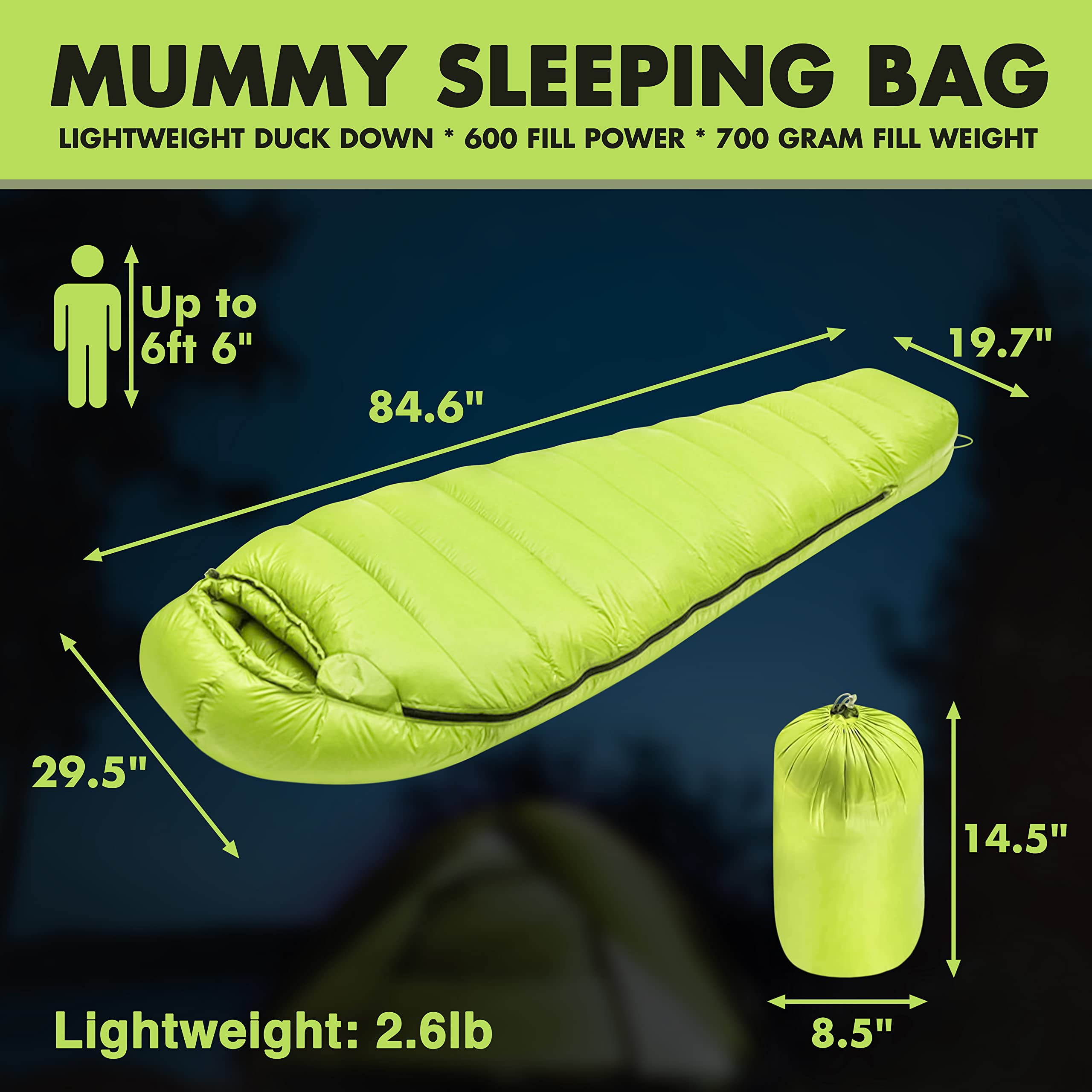 Rojomark Duck Down - 600 Fill Power Duck Down Mummy Sleeping Bag, Sleeping Pad and Air Pillow. Backpacking Sleeping Bags for Adults for Hiking, Camping and Traveling.