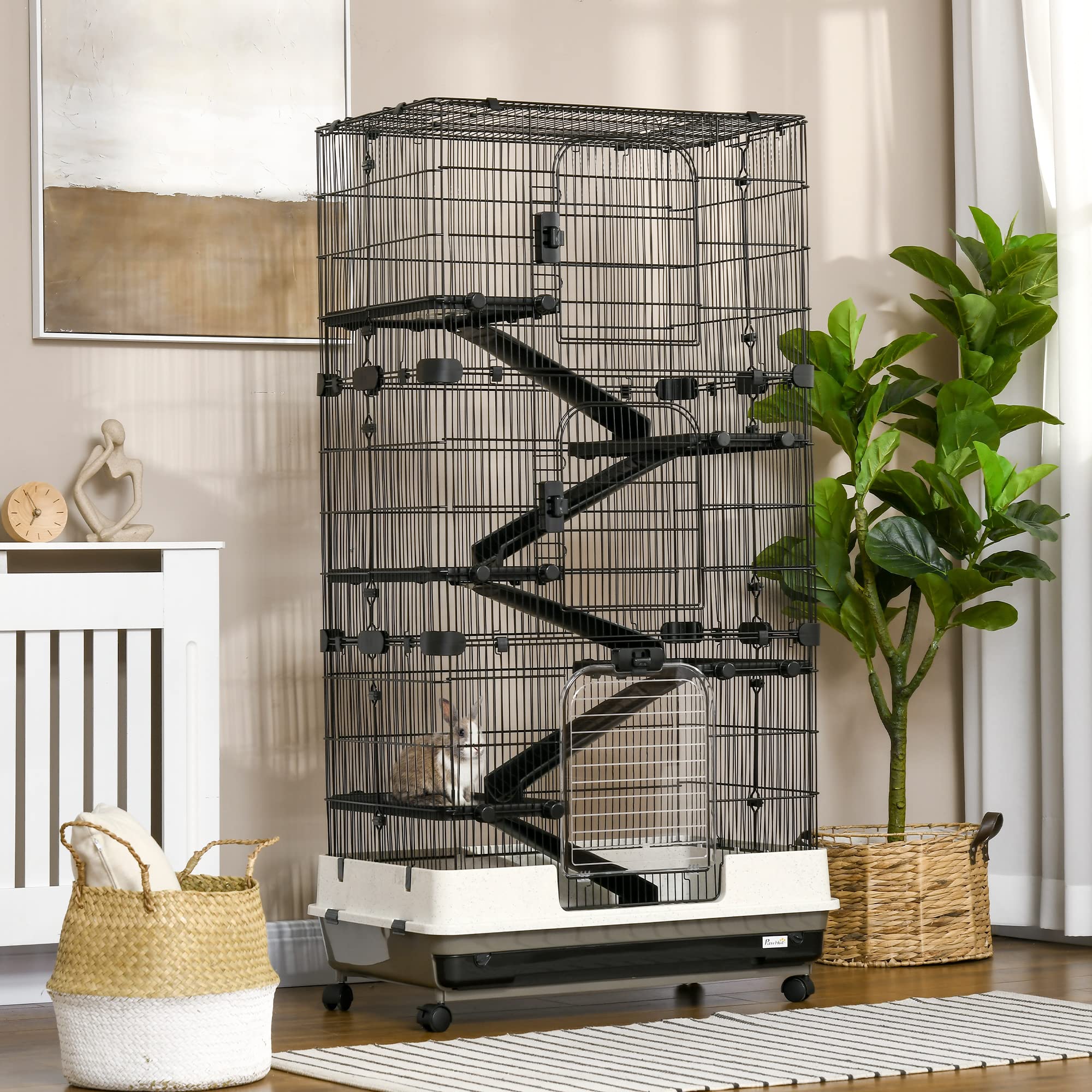 PawHut 59.5" Small Animal Cage with Wheels, 6-Level Portable Bunny Cage, Chinchilla Ferret Cage with Removable Tray, Platform and Ramp