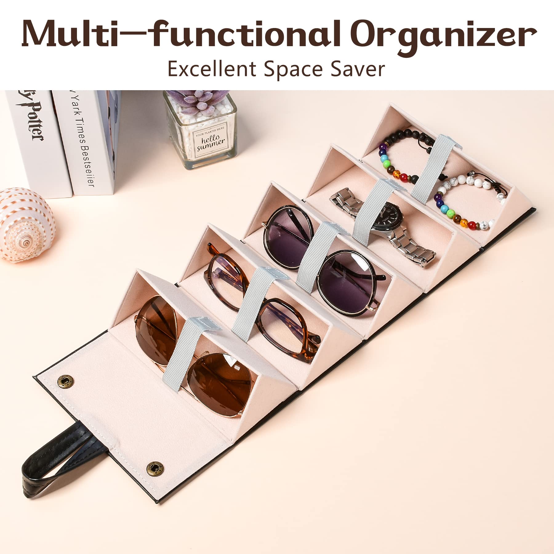 Sunglass Organizer Case with 5 Slots, Foldable Glasses Case Multiple Pairs Eyeglass Holder Storage Travel Case for Men Women, Light Brown