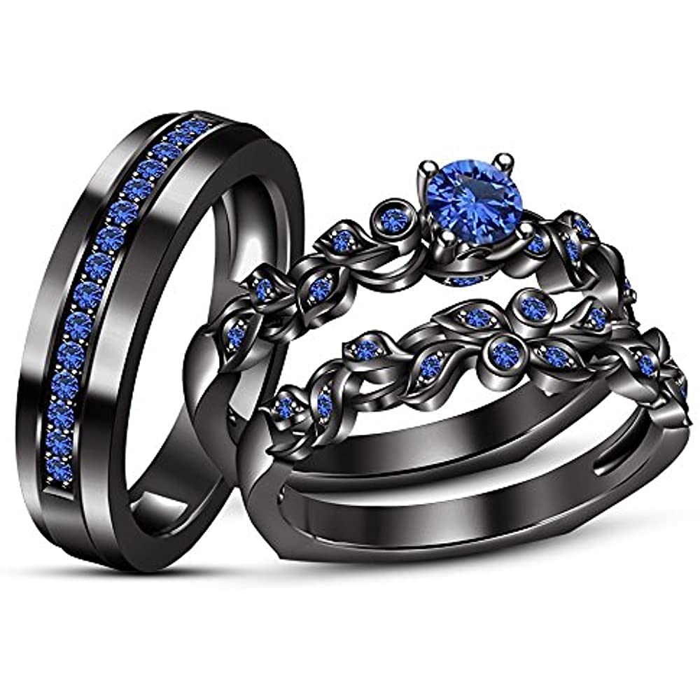 Round Cut Created Blue Sapphire Engagement Trio Ring with Band Set for Him & Her 14k Black Gold Plated 925 Sterling Silver