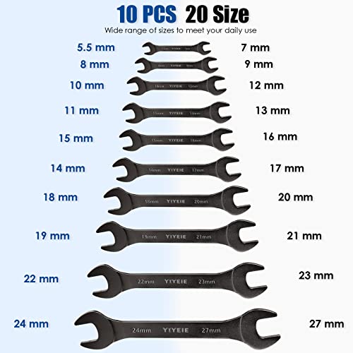 YIYEIE Super-Thin Open End Wrench Set, 10-Piece Metric, 5.5, 7, 8, 9, 10, 11, 12, 13, 14, 15, 16, 17, 18, 19, 20, 21, 22, 23, 24, 27 mm, Nickel Coating, CR-V Steel, Slim Wrench with Rolling Pouch