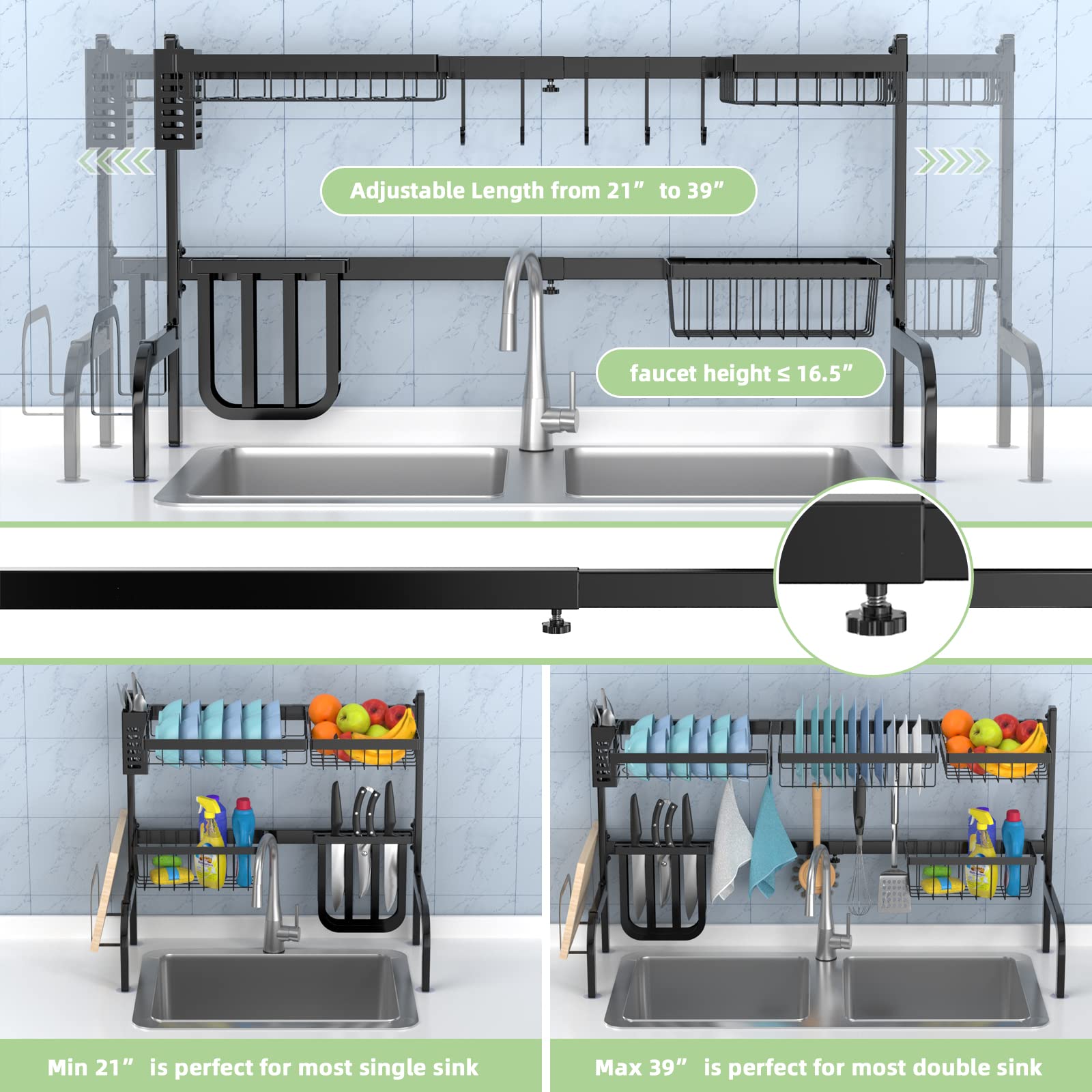PETSITE Over Sink Dish Drying Rack, 21"-39" Length Adjustable, 2-Tier Dish Drainer for Kitchen Counter Storage, with 4 Baskets and 8 Hooks, Cutting Board & Utensil & Knife Holder, Above Sink Dish Rack