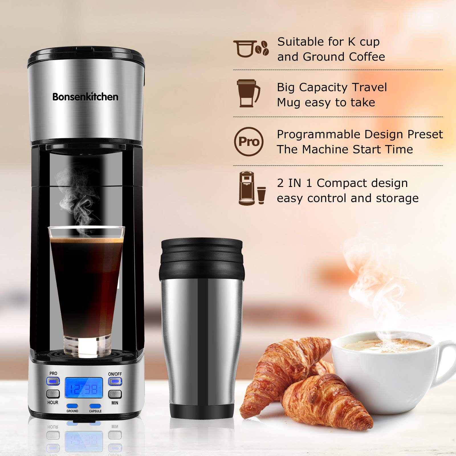 Programmable Single Serve Coffee Makers With Portable Travel Mug Compatible with K Cup Pod & Coffee Ground, Mini 2-In-1 Coffee Machines with Brew Strength Control, Personal Compact Coffee Brewer 14 Oz