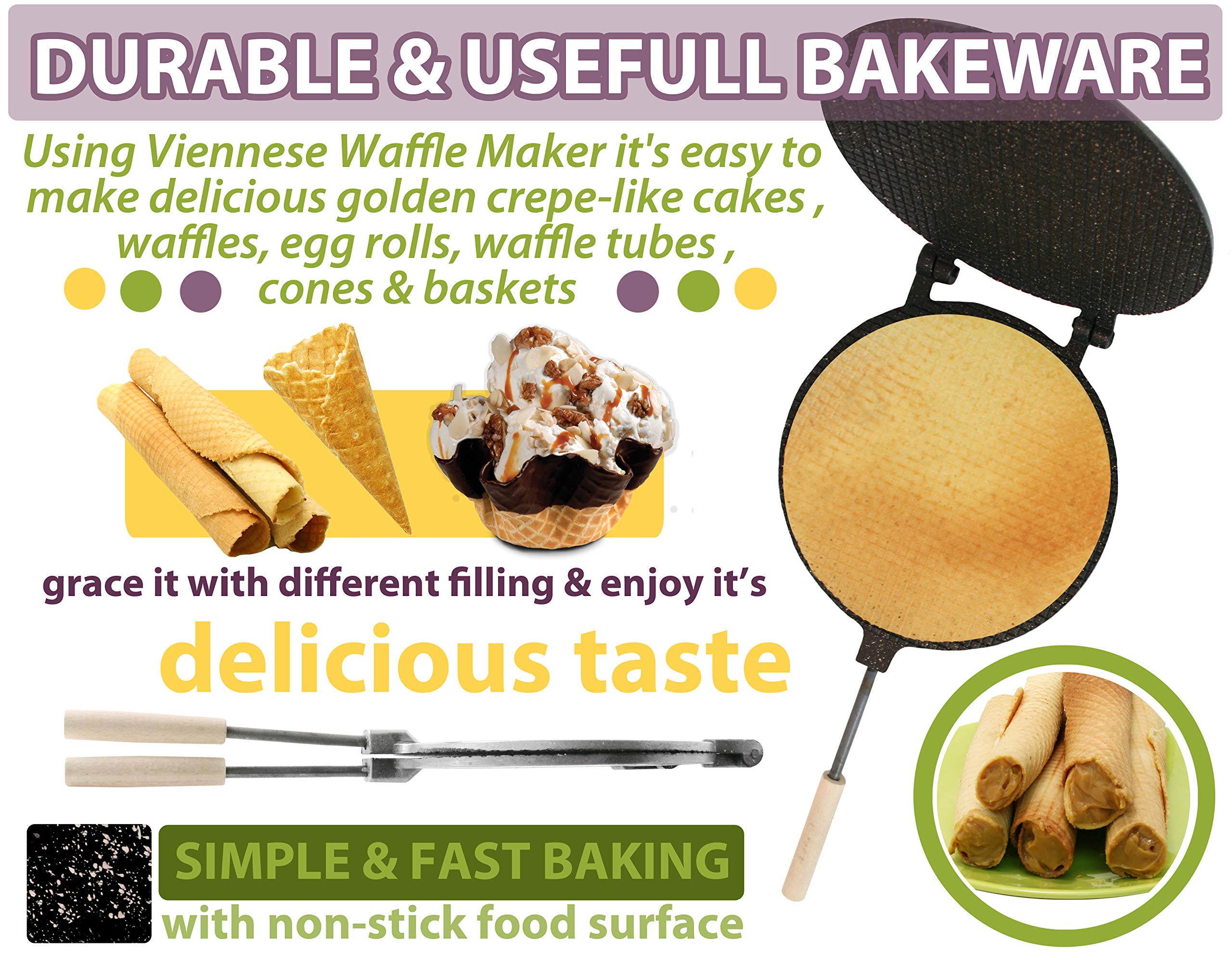 PetriStor Waffle Maker Round Has Nonstick Coating Size 8 in - Waffle Cone Maker - Krumkake Iron - Wafer Maker - Waffle Cone Maker Machine - Stroopwafel Maker - Ice Cream Cone Maker