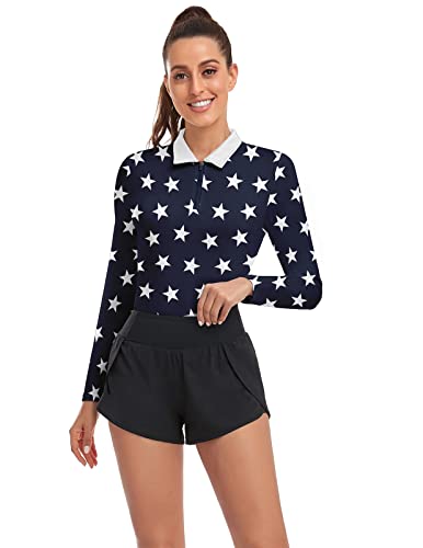 Soneven Womens Long Sleeve Golf Shirt Printed Polo Tennis Shirts Moisture Wicking Athletic Sport Golf Tops