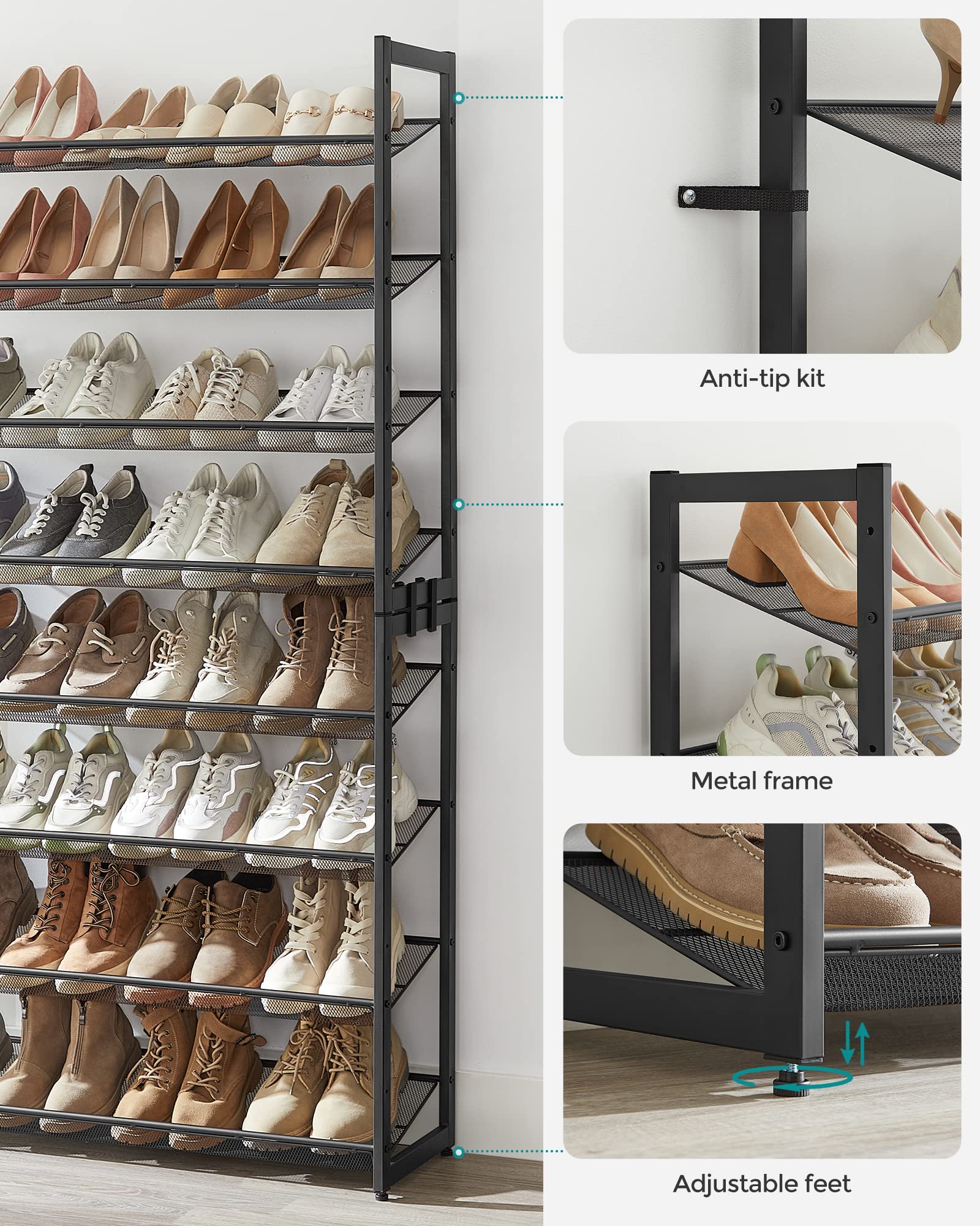 SONGMICS Shoe Rack, 8-Tier Shoe Organizer, Metal Shoe Storage for Garage, Entryway, Set of 2 4-Tier Stackable Shoe Shelf, with Adjustable Flat or Angled Shelves, Holds 32-40 Pairs, Black