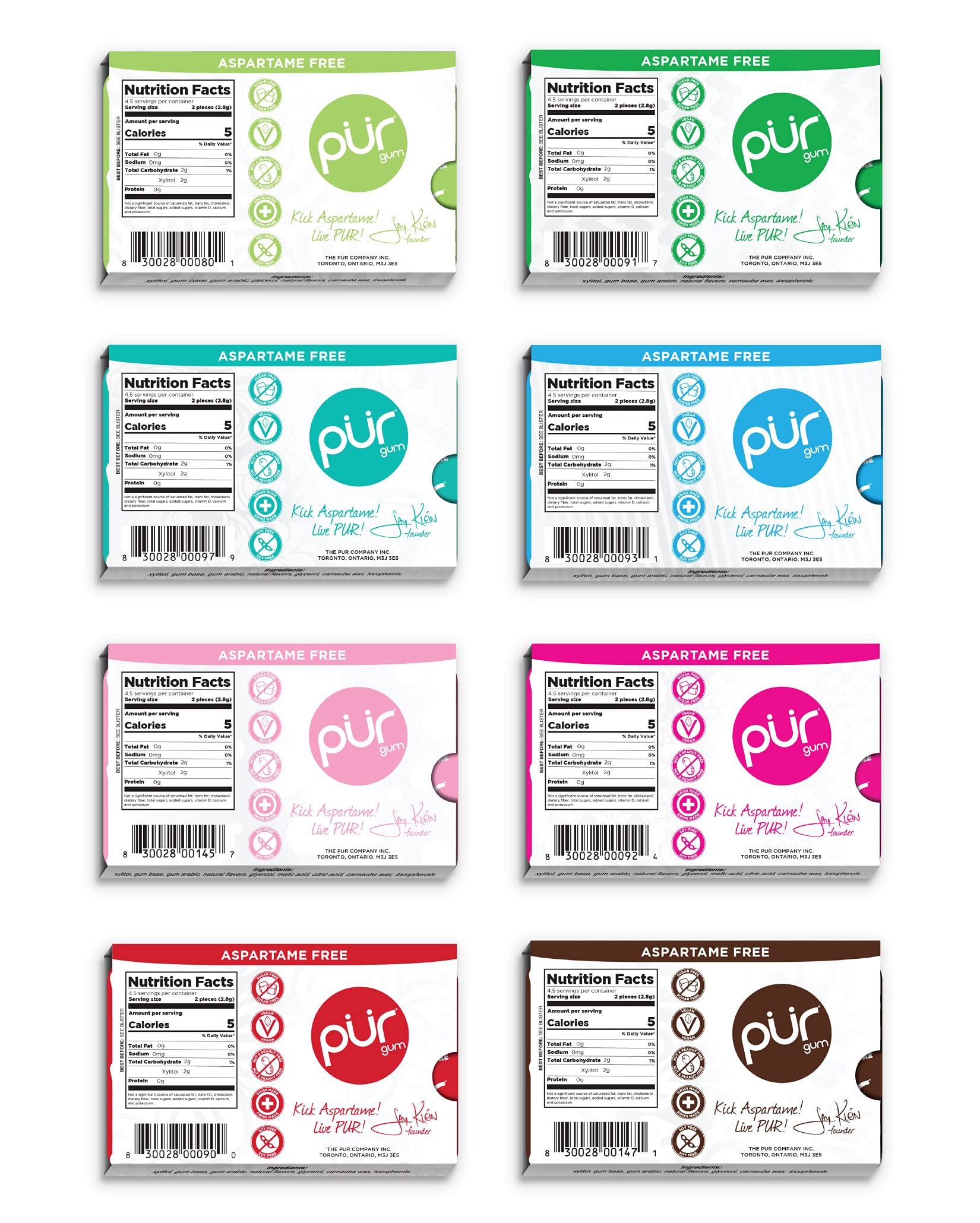 PUR Gum | Aspartame Free Chewing Gum | 100% Xylitol | Natural Flavored Gum, Variety Pack, 9 Pieces (Pack of 8)