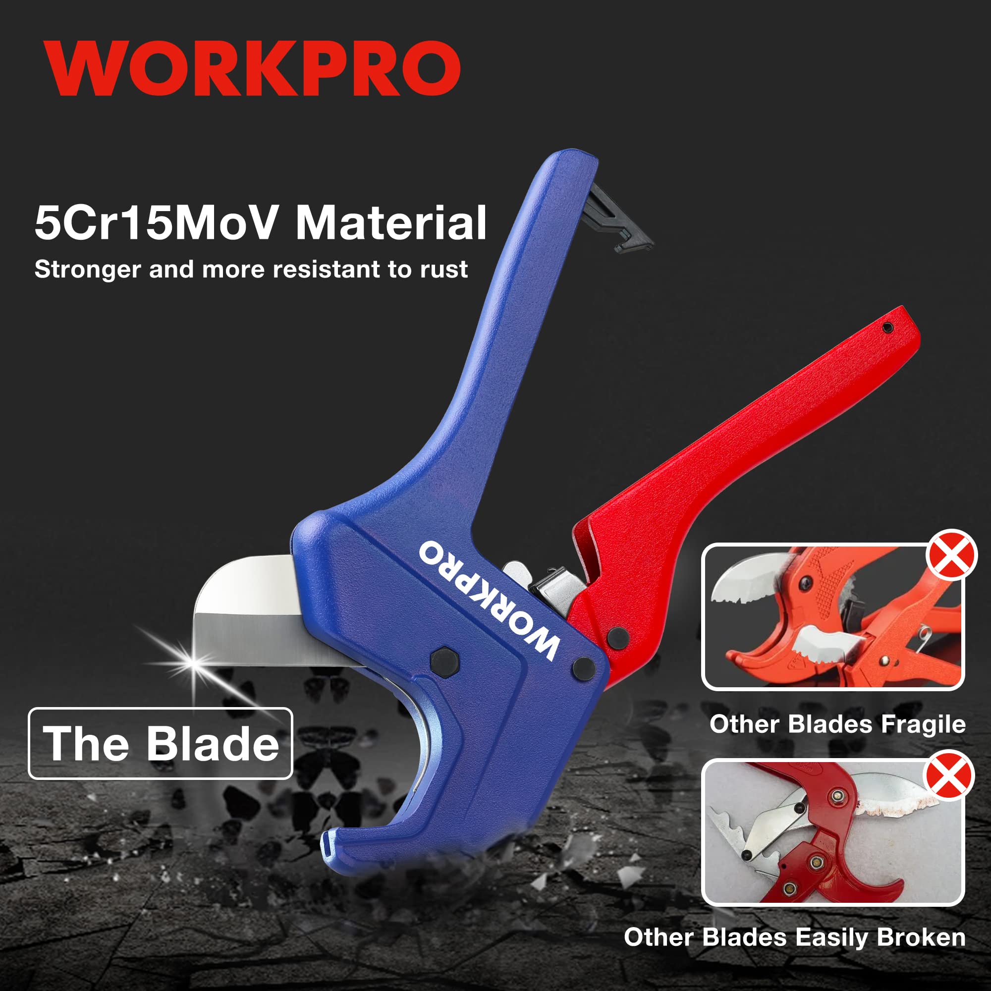 WORKPRO Ratchet PVC Pipe Cutter Tool, Up to 2-1/2", Pex Cutting Tool for Cutting PEX, PVC, PPR, and Plastic Hoses with Sharp 5Cr15MoV Stainless Steel Blades, Suitable for Home Repairs and Plumbers