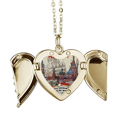 Red Classic Cars Moscow Illustration Folded Wings Peach Heart Pendant Necklace