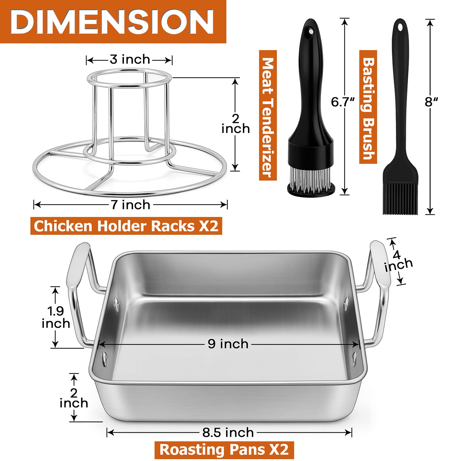 Square Roasting Pan with Beer Can Chicken Holder, Joyfair 9-in Stainless Steel Roaster Baking Pans & Racks for BBQ Grilling/Home Cooking, Heavy Duty & Dishwasher Safe - (2 Pans + 2 Racks, More Tools)