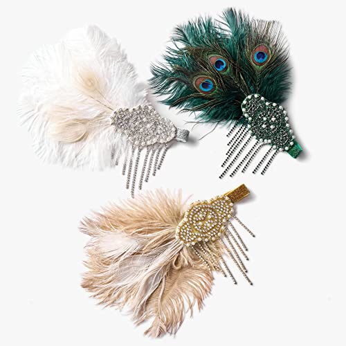 SWEETV Rhinestone Flapper Headband 1920s Headpiece, Great Gatsby Headpiece Flapper Hair Accessories for Women, Light Gold