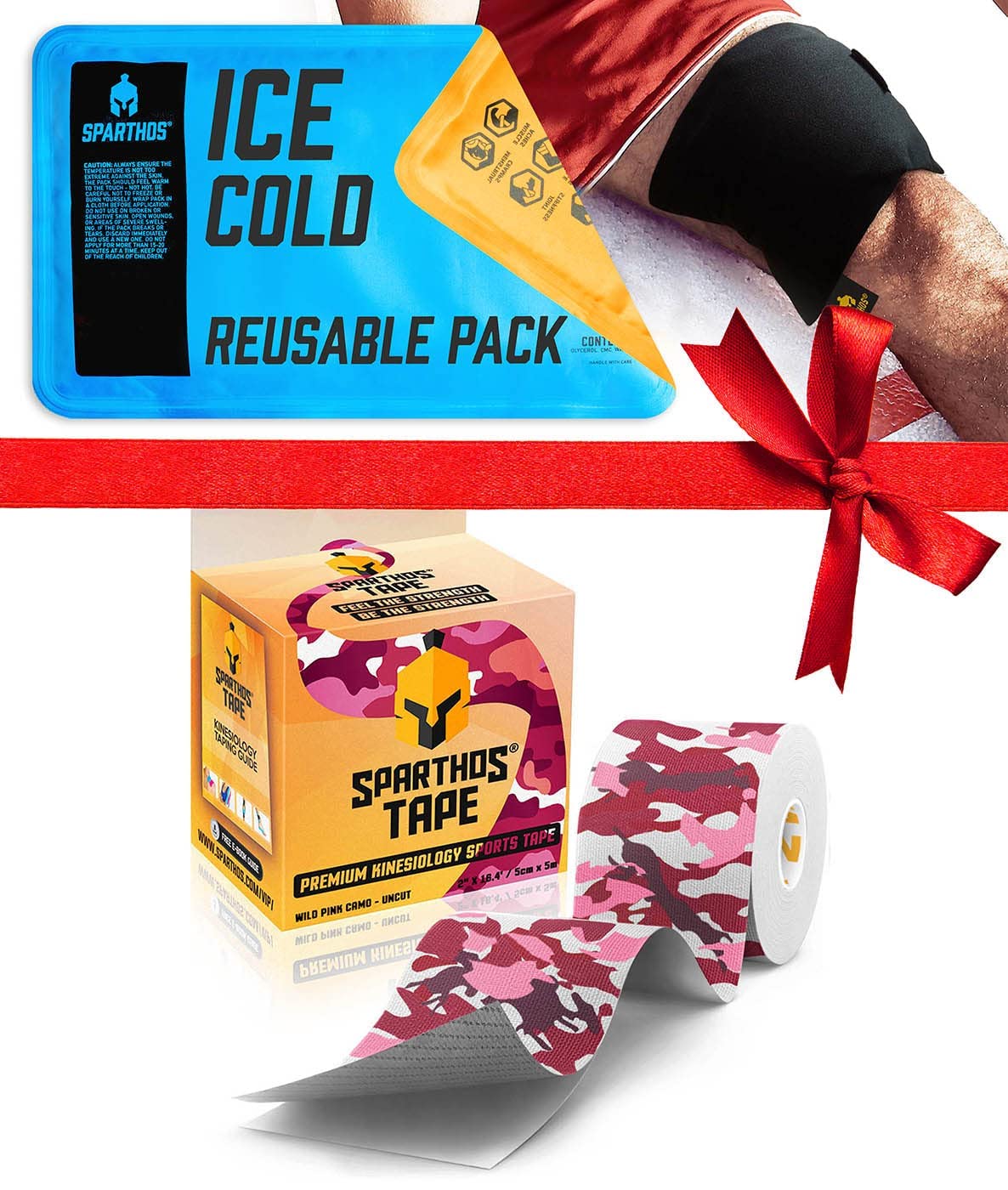 Sparthos Kinesiology Tape [Wild Pink Camo - 16.4ft Uncut Roll] x Ice Packs for Injuries [Size Medium + Cover]