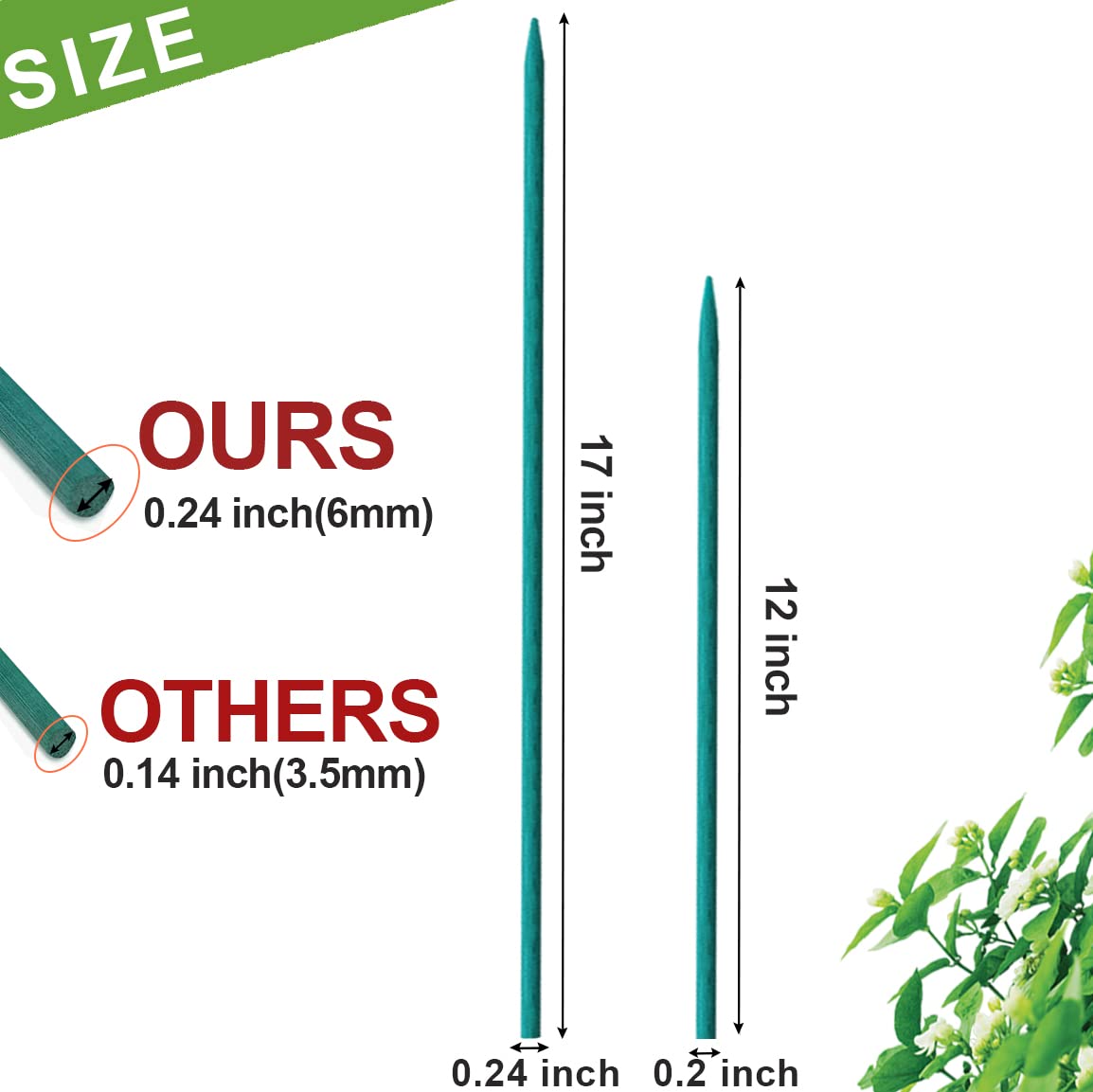SupKing Plant Stakes,17&12 Inch Wood Plant Sticks 30 Pack Orchid Stake Sturdy Green Bamboo Plant Support Stake Gardening Floral Potted Plant Support