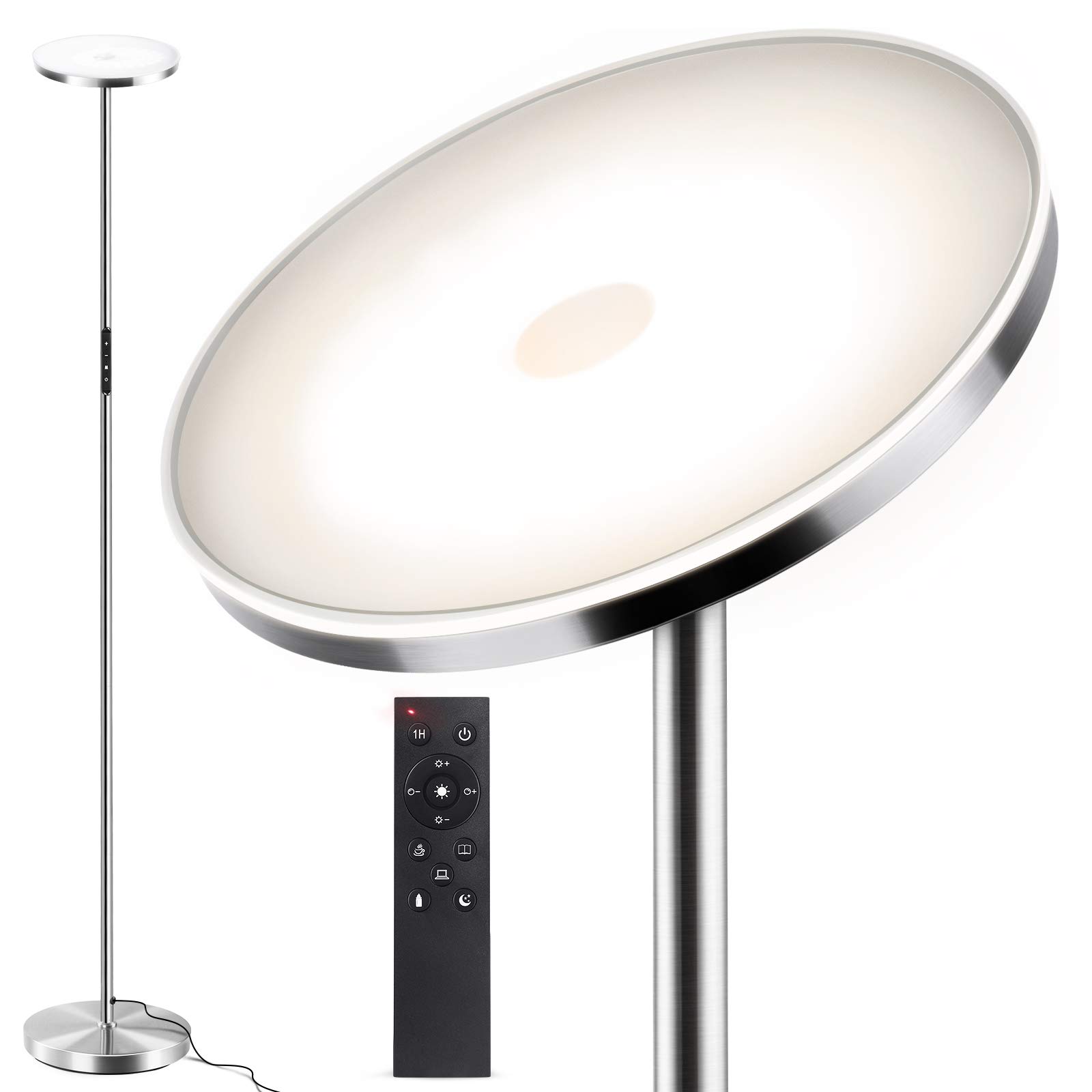 OUTON Floor Lamp, 30W 3000LM LED Modern Torchiere Sky Lamp, Bright Dimmable Standing Lamp with 4 Color Temperatures, Remote Touch Control, 1 Hour Timer for Living Room Bedroom Office, Brushed Steel