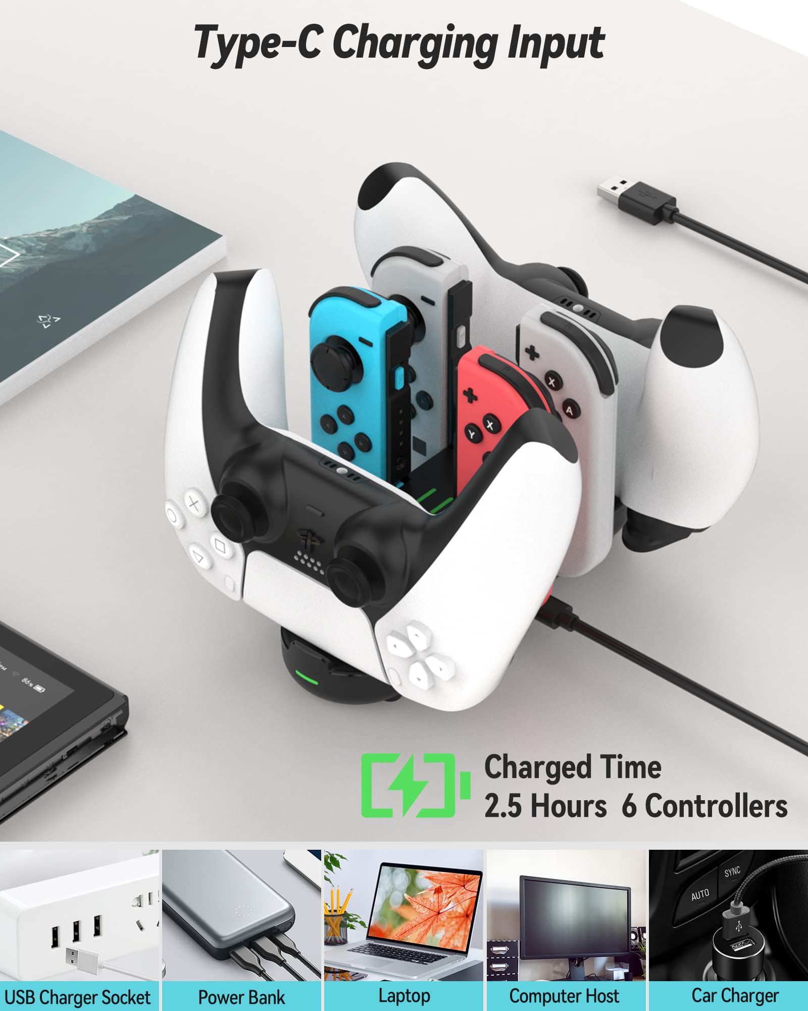 Switch Controller Charger Compatible with Nintendo,Joycon Charging Dock Station for 4 Switch Joycon & 2 Pro Controllers,with USB Type-C Switch Charging Cable