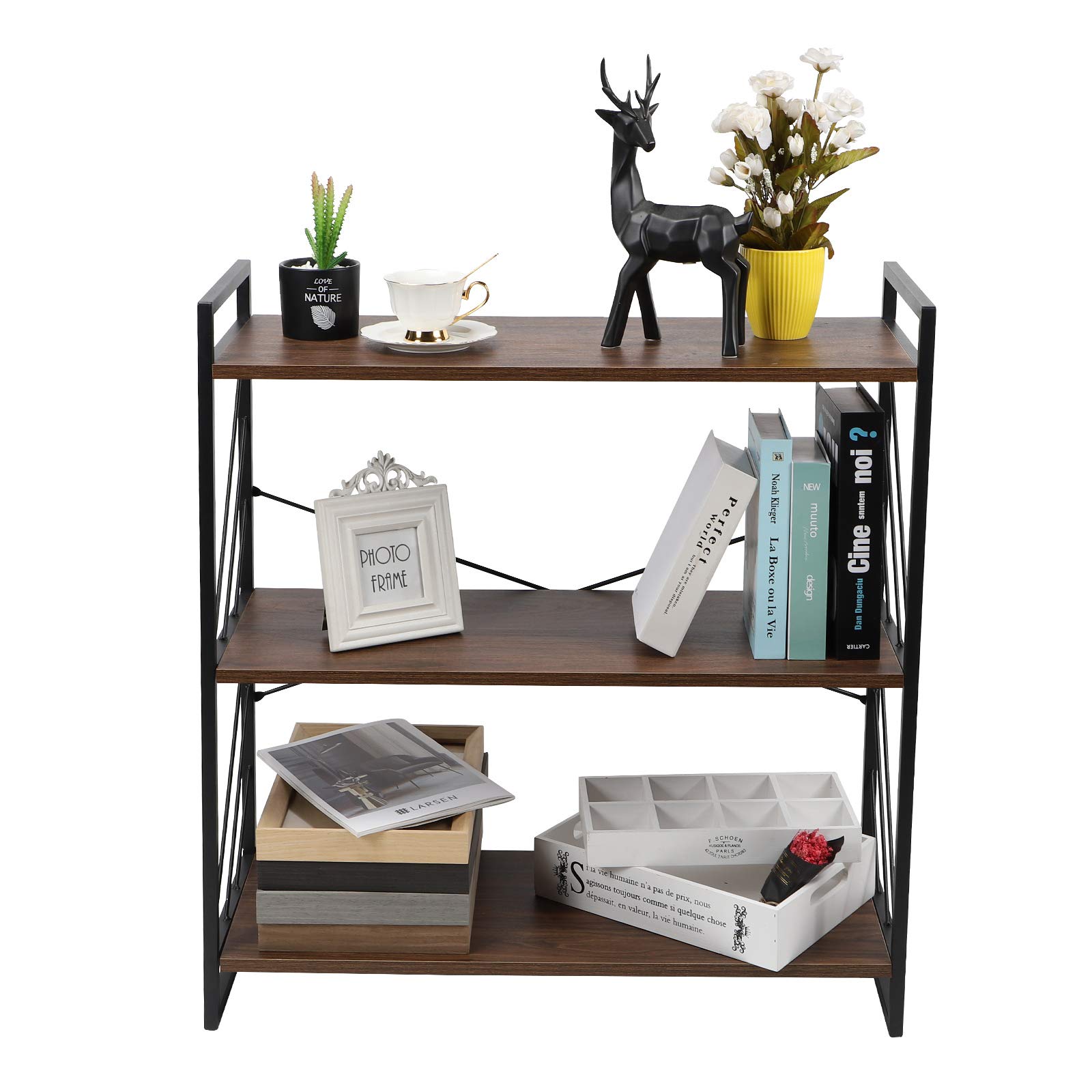 NOZE 3 Tier Industrial Bookshelf, Storage Rack Shelf for Home and Office , Rustic Bookcase, Walnut
