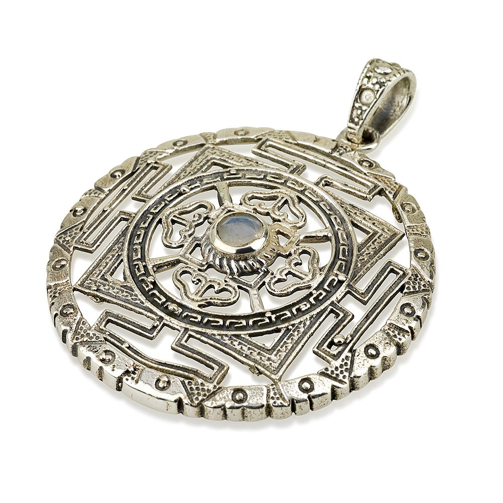 Moonstone Tibetan Mandala Pendant Sterling Silver Size 1.3"