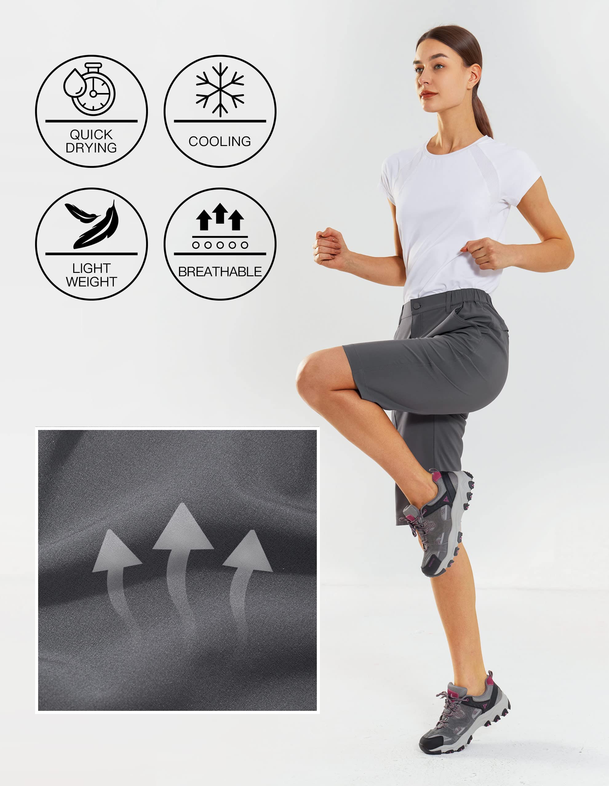 SPECIALMAGIC Knee Length Shorts Women Bermuda Quick Dry Shorts Stretchy Hiking Shorts Golf Lightweight Casual for Summer Grey