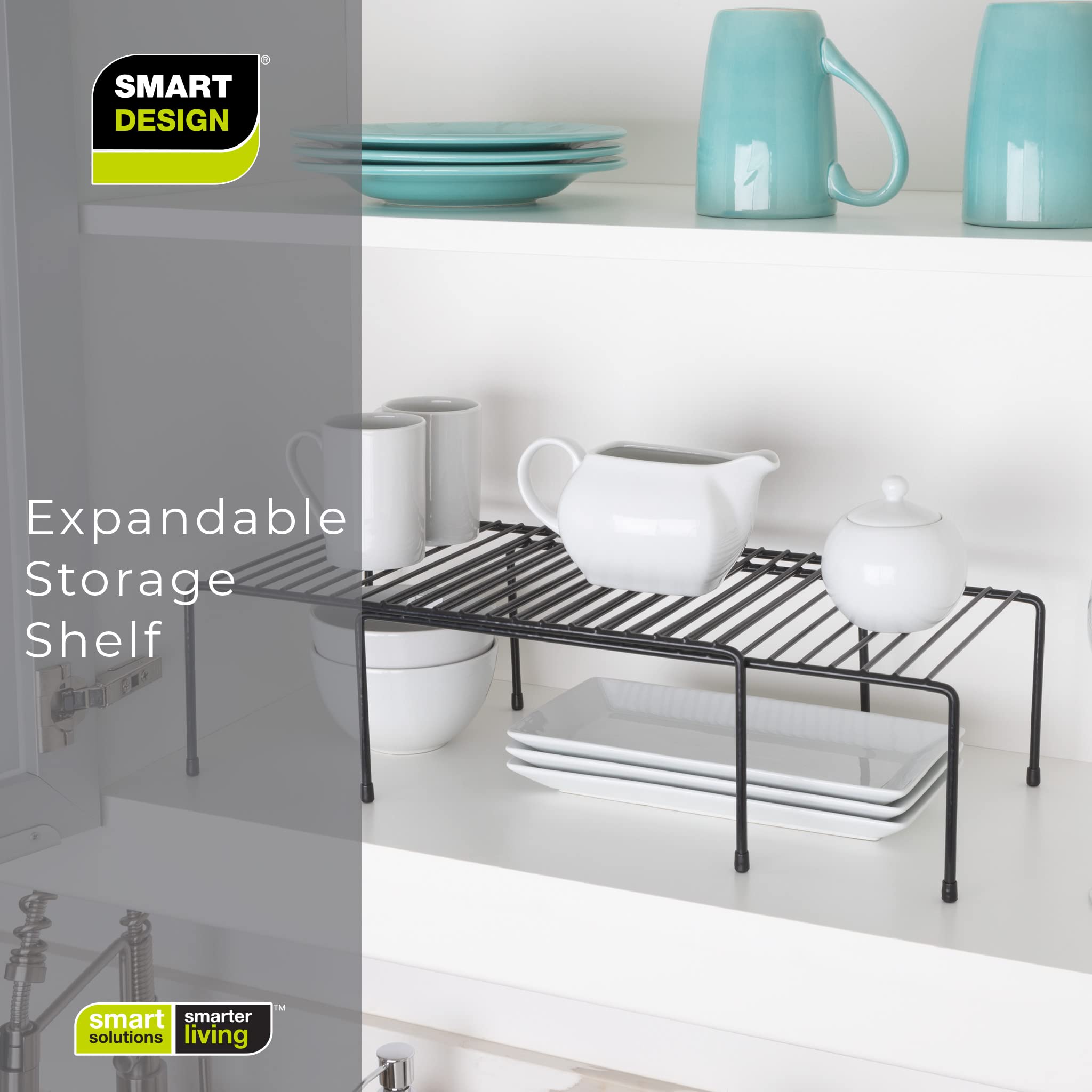 Smart Design Extendable Storage Shelf β Lengthen from 16 to 32.5 in., Black β Sturdy Steel Pantry Organizer with Rust-Resistant Finish and Non-Slip Feet for Easy Home Organization and Storage