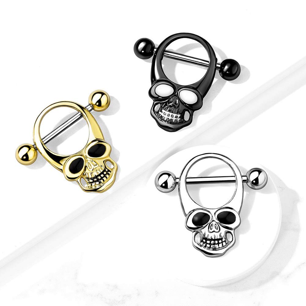 Pierced Owl 14G Stainless Steel Skull Head Nipple Shields, Sold as a Pair (Black)
