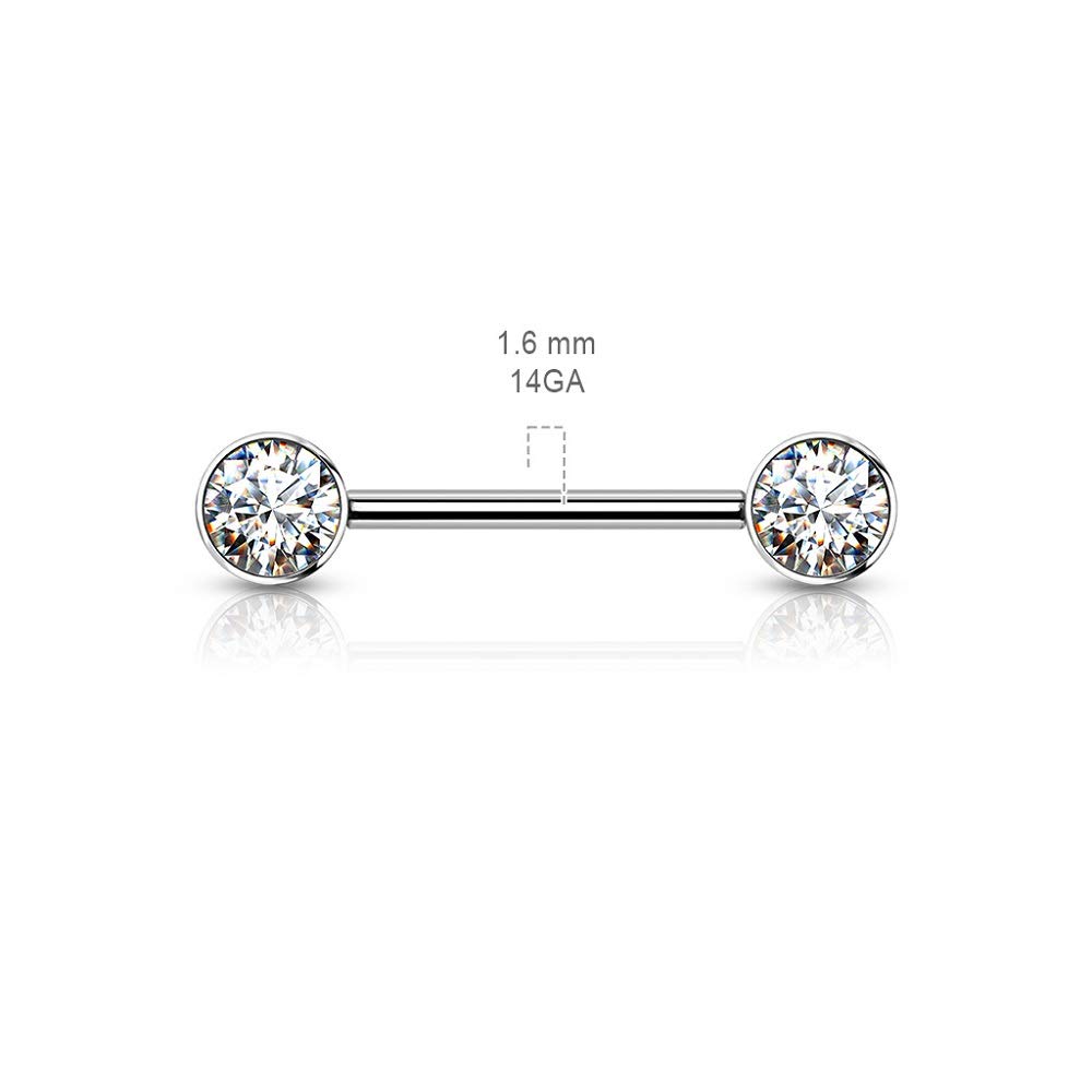 Pierced Owl 14G Implant Grade Titanium Internally Threaded Bezel Set Crystal Nipple Barbells, Sold as a Pair (Clear)