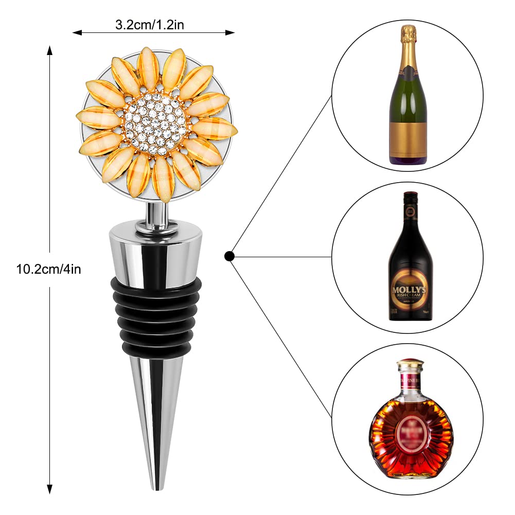Soleebee 1 Pack Decorative Wine Stoppers, Delicate Diamond-Studded Wine Stopper with Animal and Plant Motifs, Reusable Beverage Bottle Stoppers for Bar, Party, Kitchen Decor (Sunflower)