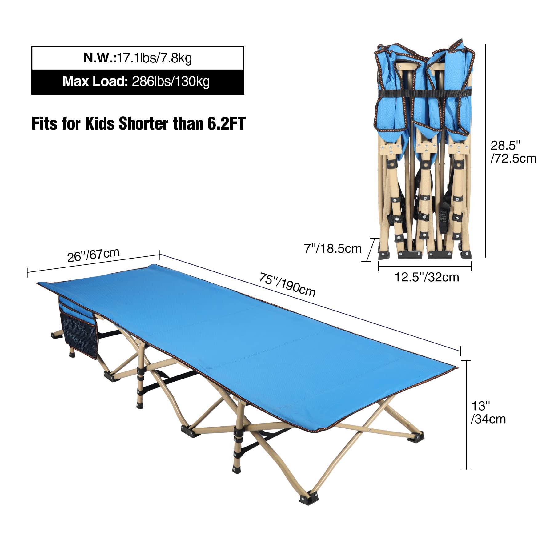 RedSwing Kids Cots for Sleeping Extra Long, Strudy Folding Toddler Cot for Camping Indoor Outdoor, Easy to Carry, 75''x26'' Blue