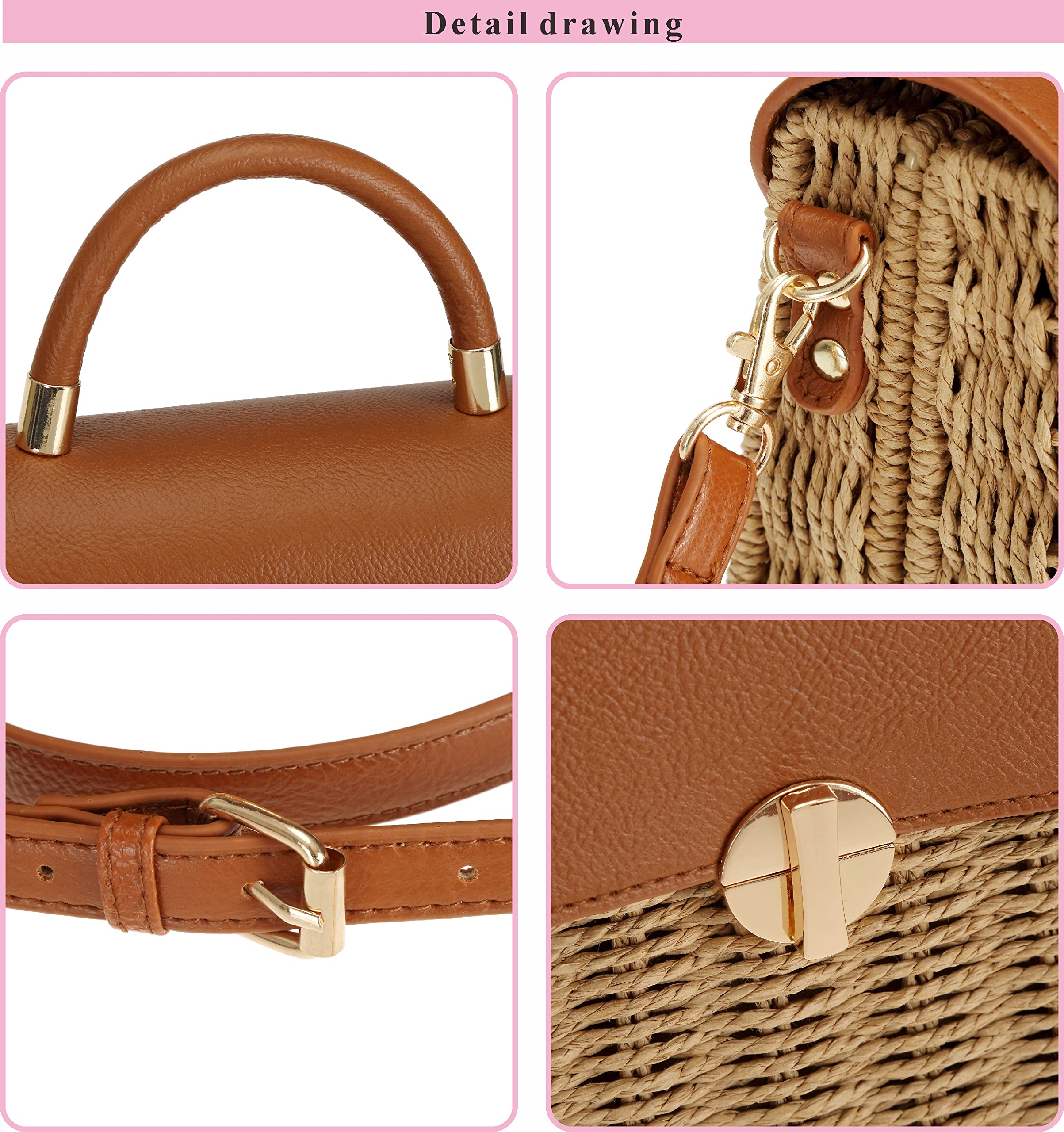 TaiGuri Women's Handmade Straw Rattan Woven Purse Top Handle Tote Shoulder Bag Handbag, Khaki, Medium