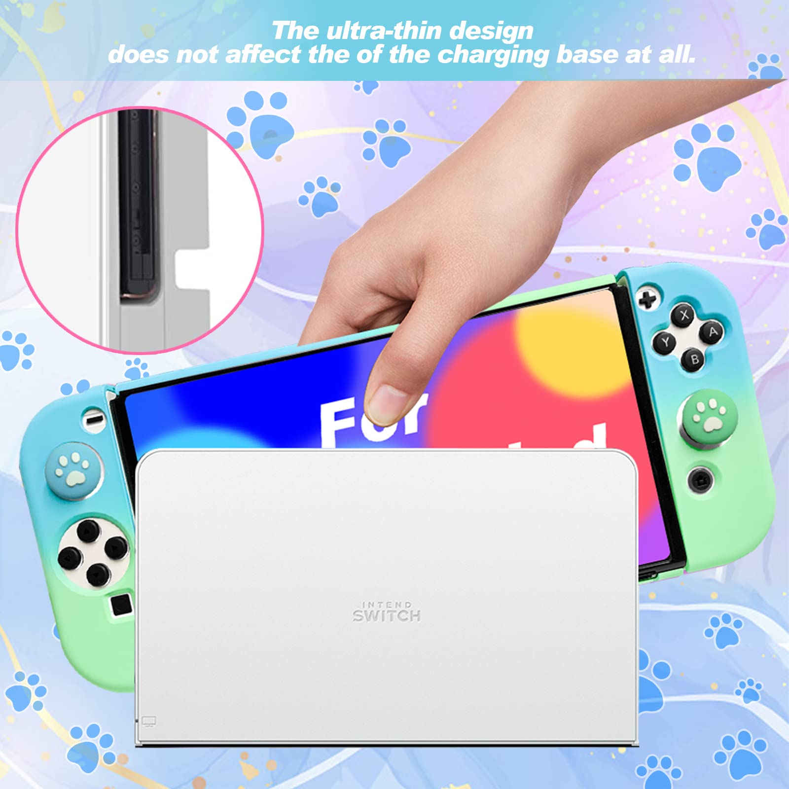 Switch OLED Case Cover, Dockable Protective Case for Switch OLED Skin with Screen Protector, 3 in 1 Cute Gradient Hard Skin Cover Protector with 2 Thumb Grips for Switch OLED Console Blue-Green
