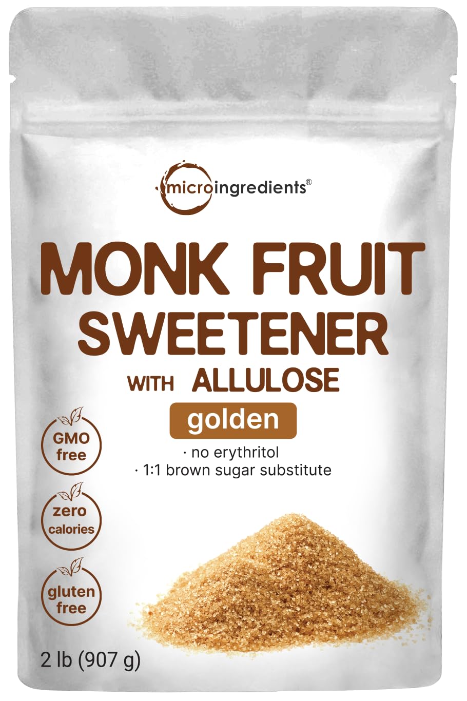 Micro Ingredients Golden Monk Fruit Sweetener Allulose, 2 lbs | No Erythritol, No Aftertaste, 1:1 Brown Sugar Substitute | Zero Calorie, Great for Drinks, Coffee, Tea, Cookies | Keto, Vegan, Non-GMO