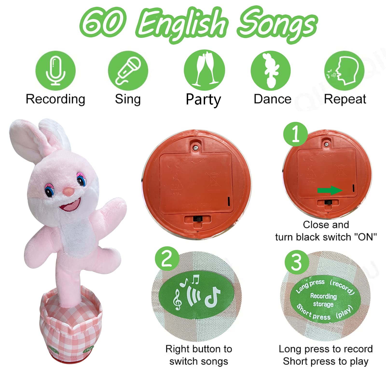 VPOWJI Easter Bunny, Dancing Talking & LED Glow Wiggle Dancing Bunny Toys, Record & Repeating What You Say with 60 English Songs, Easter Decorations Easter for Child (Pink)