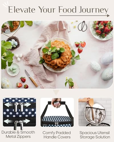 Premium Insulated Round Casserole Carrier & Insulated Pie Carrier (12.5" x 6") – Stylish Pie Carrier with Lid and Handle – Collapsible Cake Carrier, Cheesecake Carrier for transport [Navy Polka Dot]
