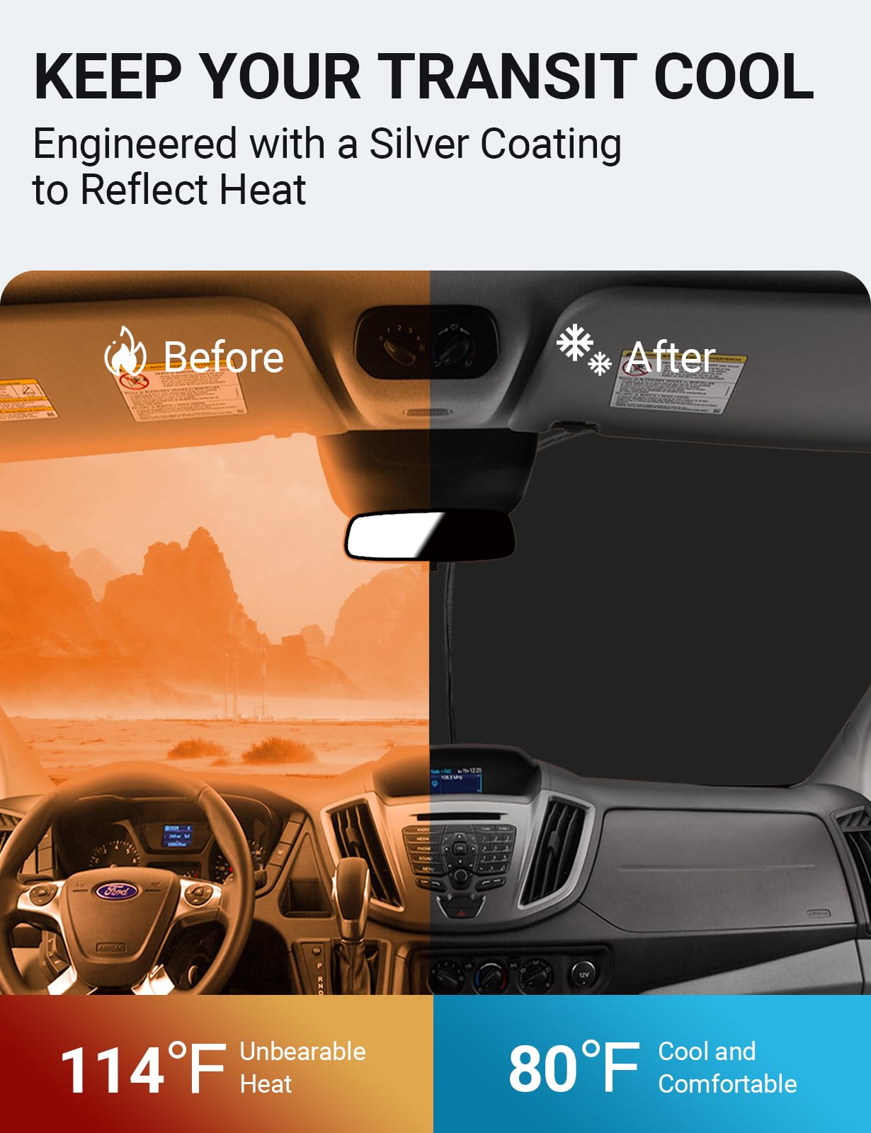 Proadsy 2024 Upgrade Front Windshield Sun Shade Foldable Sunshade Protector Custom Fit 2024 2023 2022 2021 2020 2019 2018 2017 2016 2015 Ford Transit Accessories