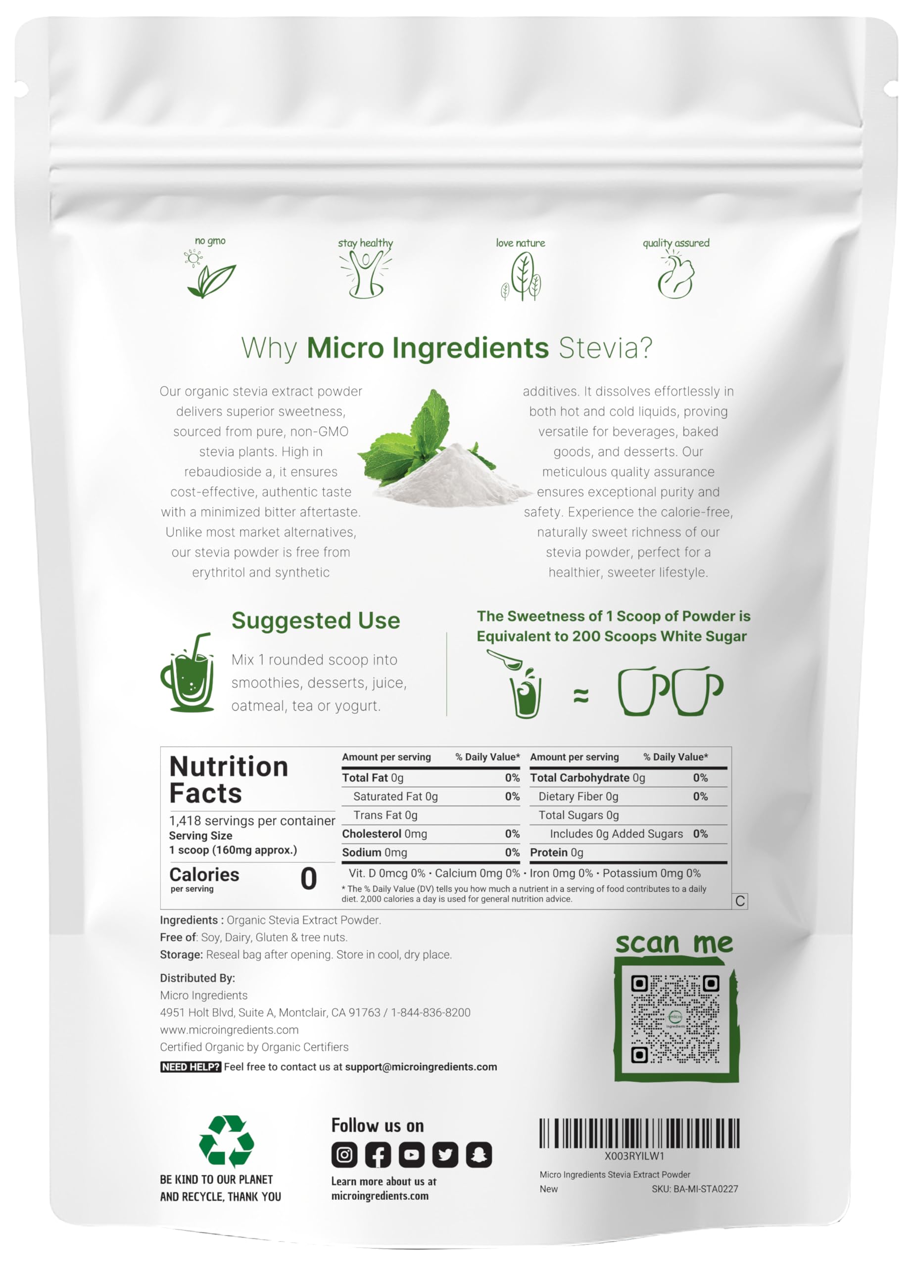 Pure Organic Stevia Powder, 8 Ounces, 1418 Serving, High Grade Stevia Green Leaf Extract Reb-A, Reduced Bitter Aftertaste, 0 Calorie, Natural Sweetener, Sugar Alternative, Keto Friendly
