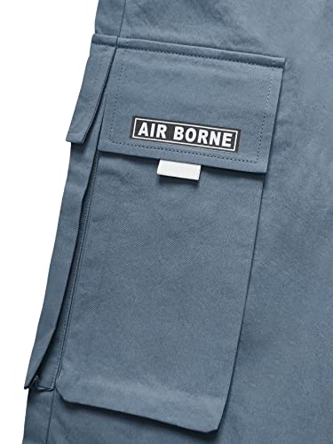 Romwe Men's Flap Pocket Drawstring Elastic Waist Letter Graphic Street Cargo Pants Dusty Blue M