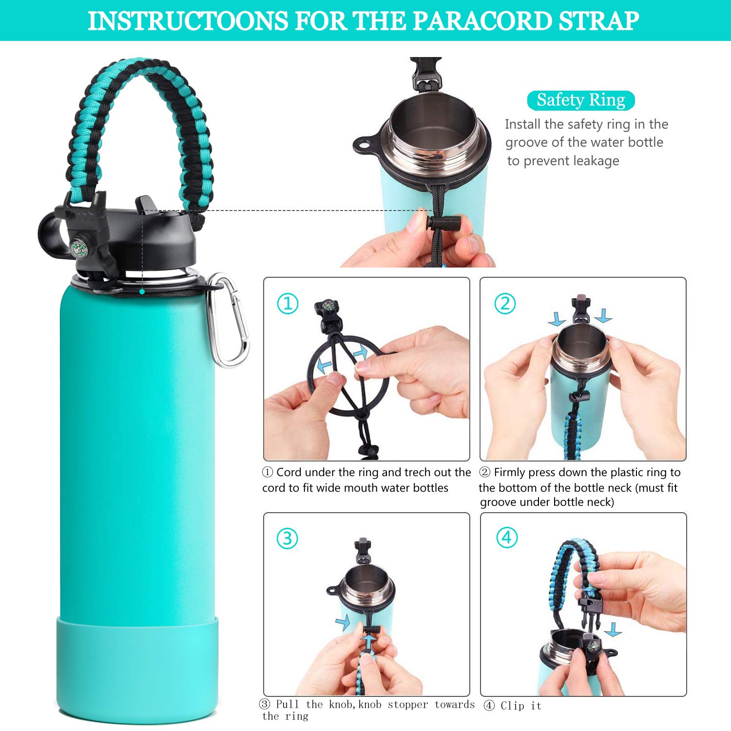 nononfish Paracord Handle for Standard Mouth Water Bottle, with Safety Ring, Carabiner, Compass, Plus Water Bottle Sleeve 40 oz and 50 Anime Stickers Straw Water Bottle Set