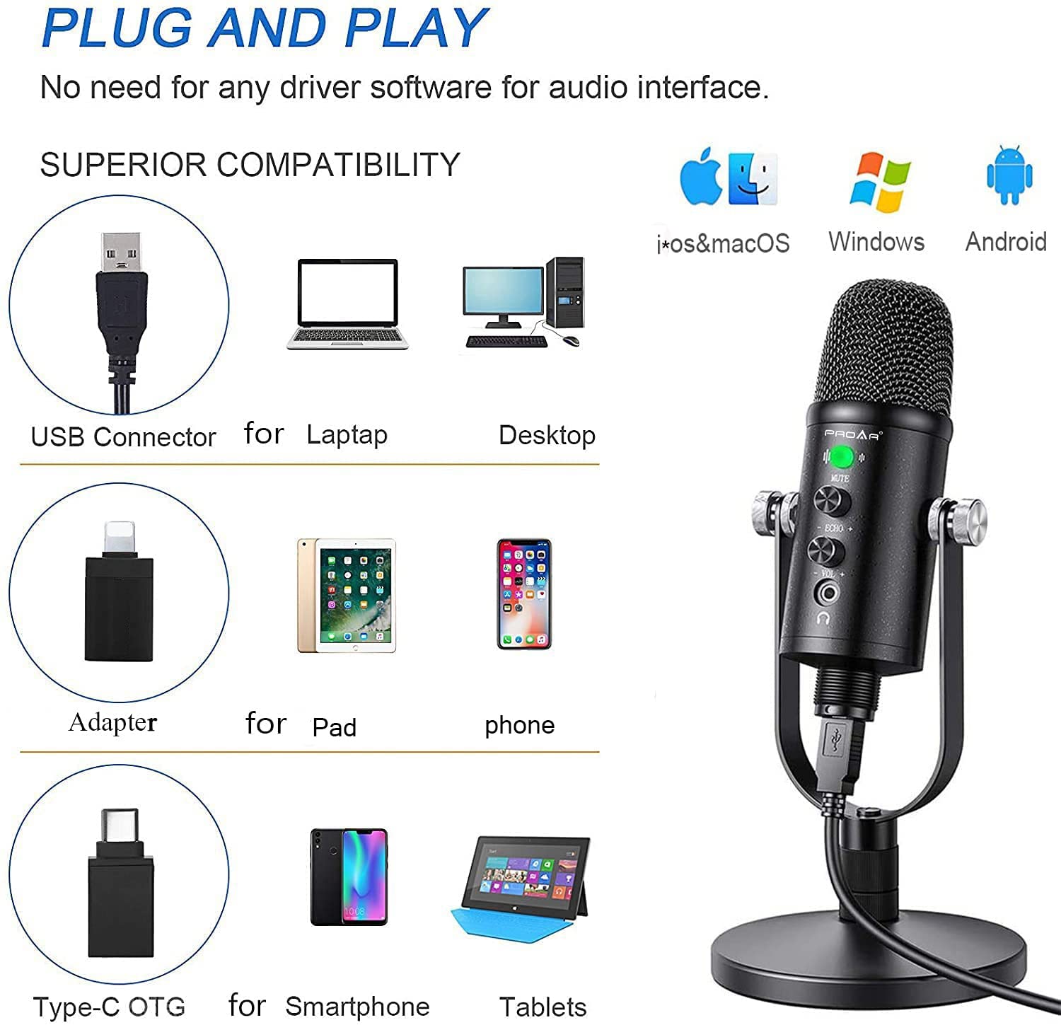 PROAR Microphone for Podcast, USB Microphone Kit for Phone, PC/Micro/Mac/Android,Professional Plug&Play Studio Microphone with Stand for Gaming, Online Chatting, Videos, Voice Overs, Streaming