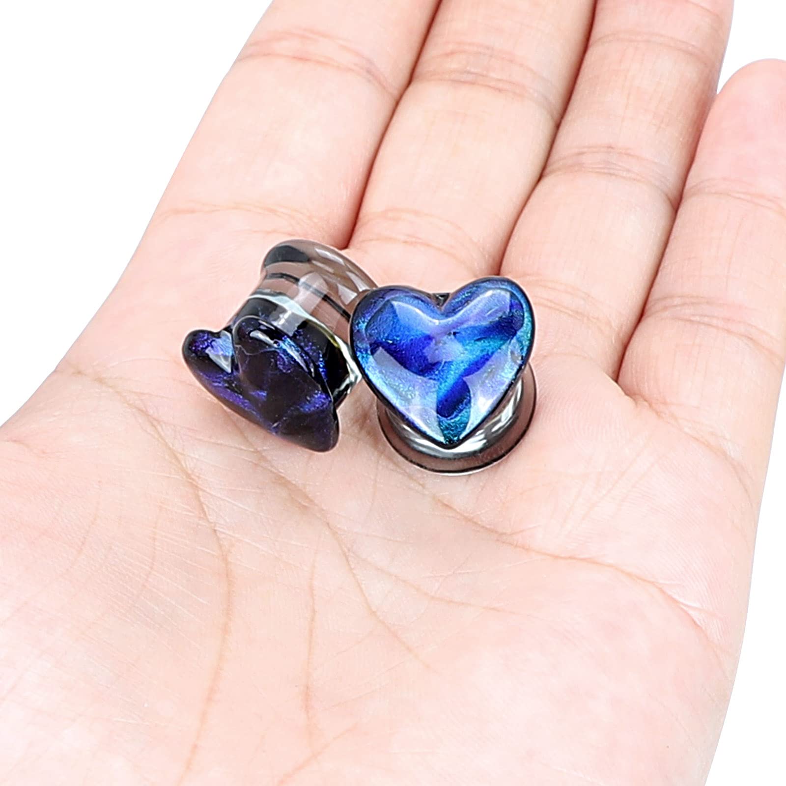 Oyaface 4PC Heart Shape Glass Ear Tapers Plugs Double Flare Gauges Piercing Jewelry Set Purple&Blue 12mm(1/2")