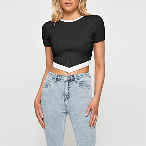 Womens Summer Solid Color Short Sleeve Going Out Tops Comfortable Commute T Shirt Loose Party Tops Business Tops Black