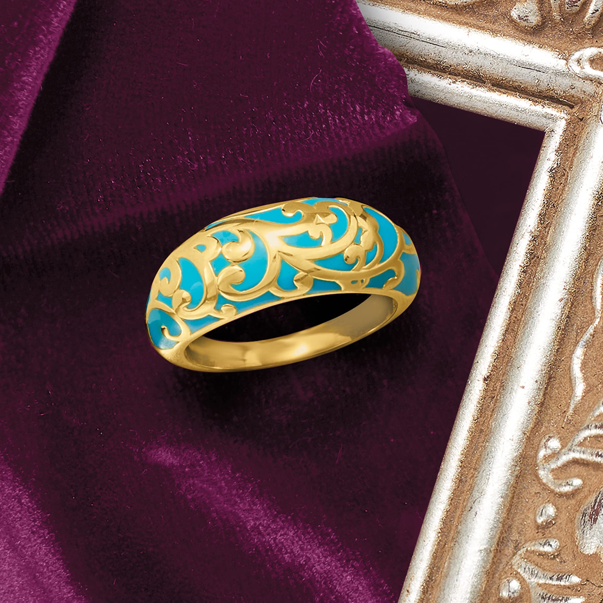 Ross-Simons Turquoise Enamel Scrollwork Dome Ring in 18kt Gold Over Sterling. Size 8