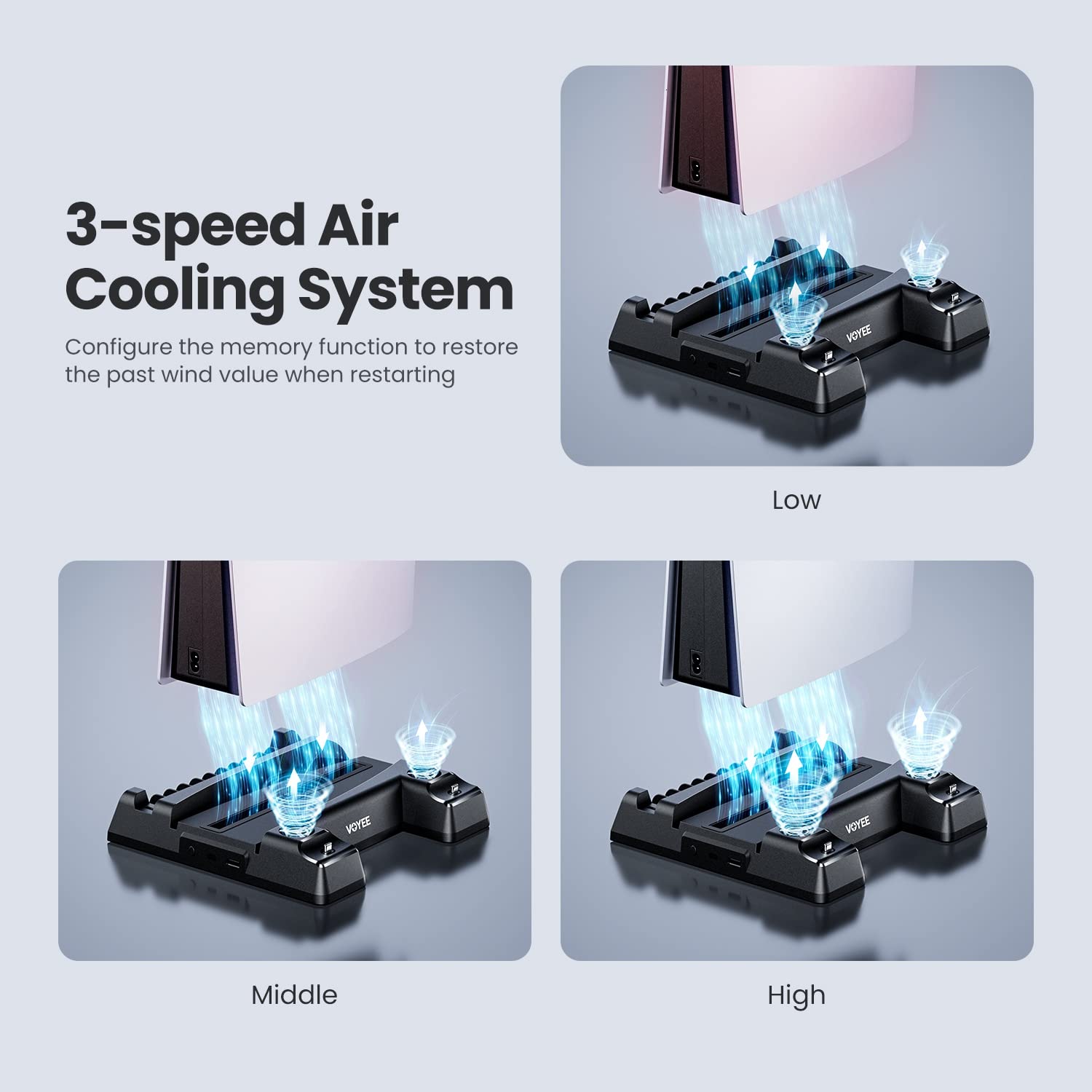 PS5 Stand, VOYEE PS5 Accessories System with Suction Cooling Fan, Dual Controller Charger Station, 11 Games Storage Compatible with Playstation 5 PS5 Console - Black