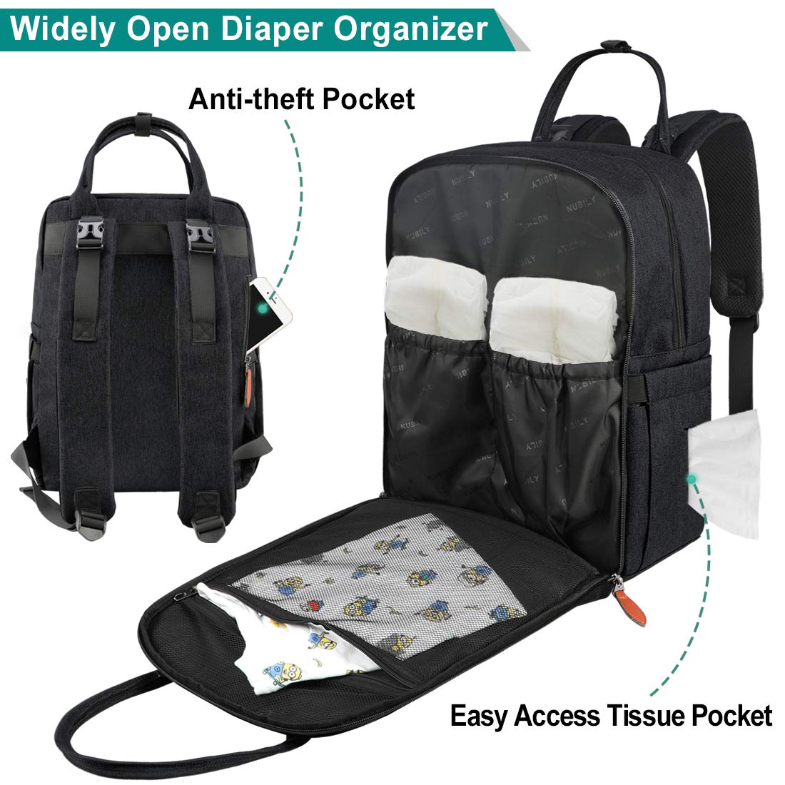 NUBILY Diaper Backpack Multifunction Waterproof Diaper Bag Backpack Lightweight Maternity Neutral Baby Bags for Mom Dad Travel Backpack with Stroller Straps Black