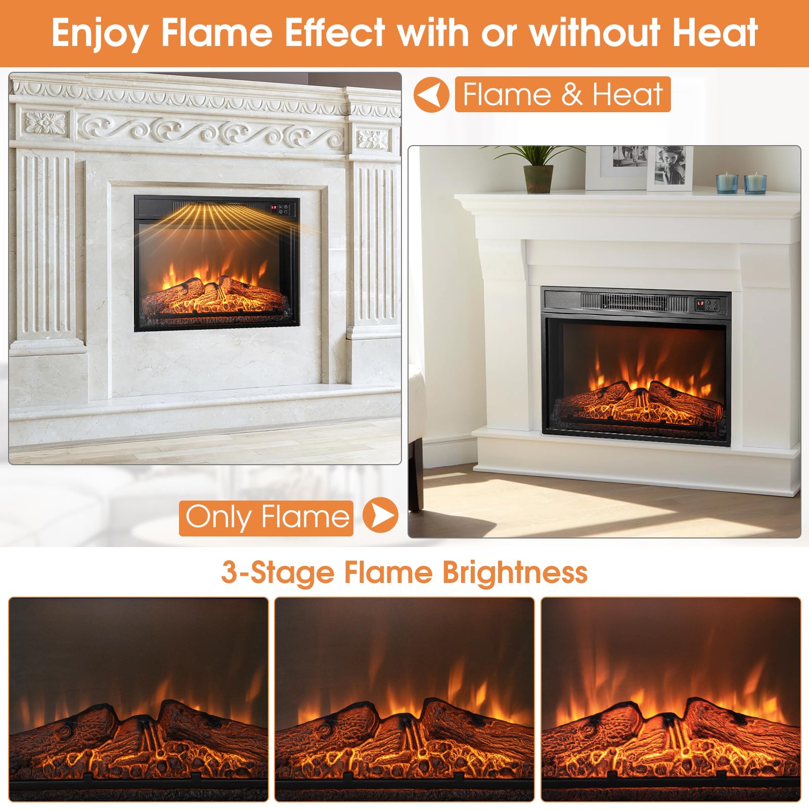 ORALNER Electric Fireplace Insert 23 Inch, Recessed Fireplace Heater w/ 3 LED Flame Effects, Remote Control & 6H Timer, Overheat Protection, Indoor Fireplace Insert for TV Stand, 1400W, Black