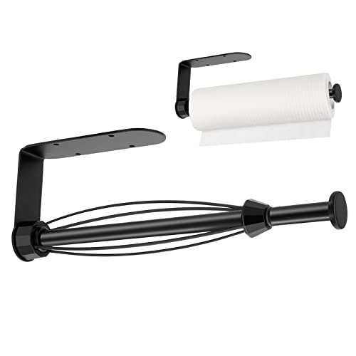 Paper Towel Holder Under Cabinet, Single Hand Operable Paper Towel Holder Wall Mount with Damping Effect, Self-Adhesive or Drilled Black Paper Roll Holder for Kitchen, Bathroom, RV