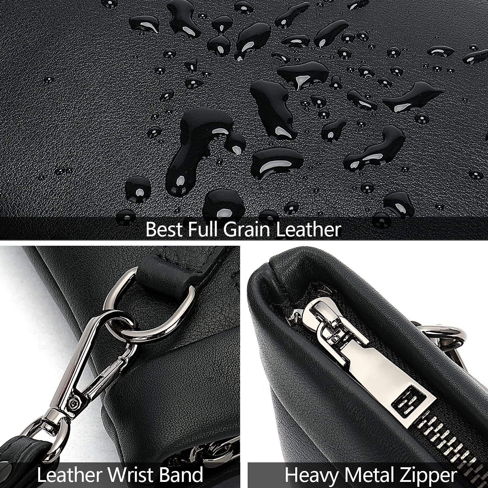 NIUCUNZH Handbag for Men Clutch Bag Hand Purse Large Wallet with Wristlet,Soft Cowhide Leather Black