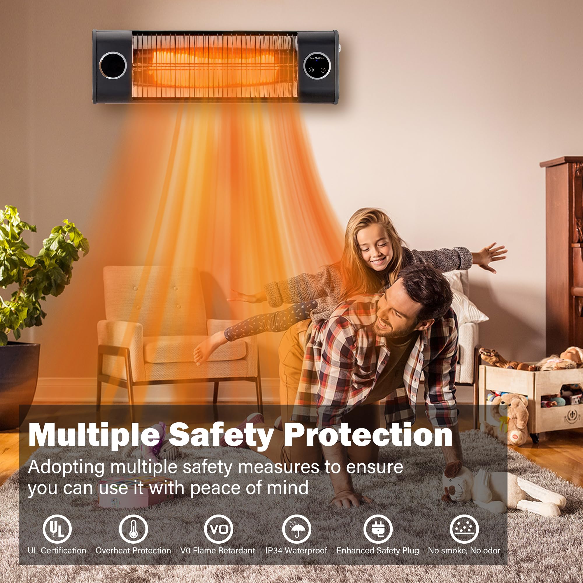 Uthfy Outdoor Patio Heater,Wall Mounted Heater for Garage Backyard,Infrared Heater for Indoor Use,1500W Electric Heater with Remote Control 9Hours Timer Overheating Protection
