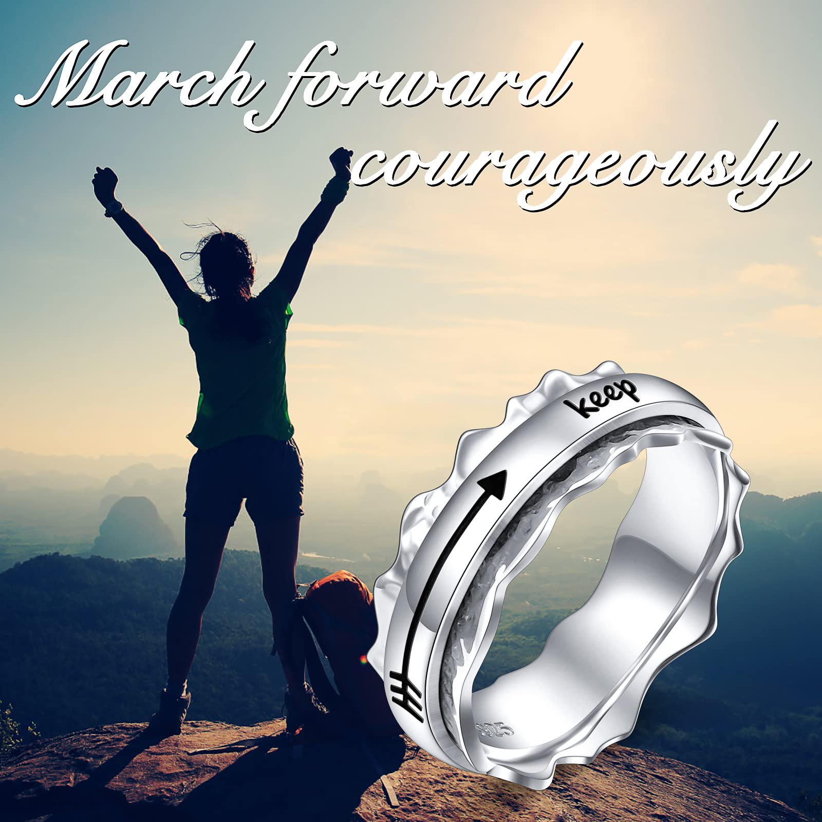 Spinner Ring 925 Sterling Silver Fidget Rings for Anxiety Stress Relieving ADHD Men Women Rings Keep Going Inspirational Band Ring Size 10